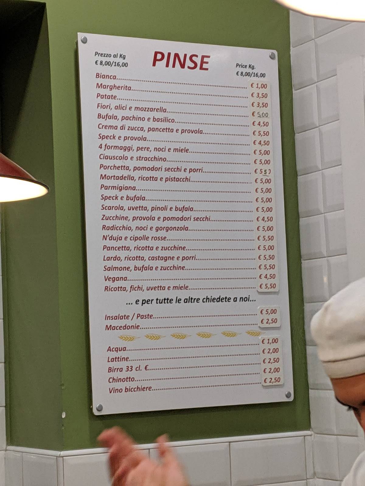Menu at Pinsere pizzeria, Rome, Via Flavia