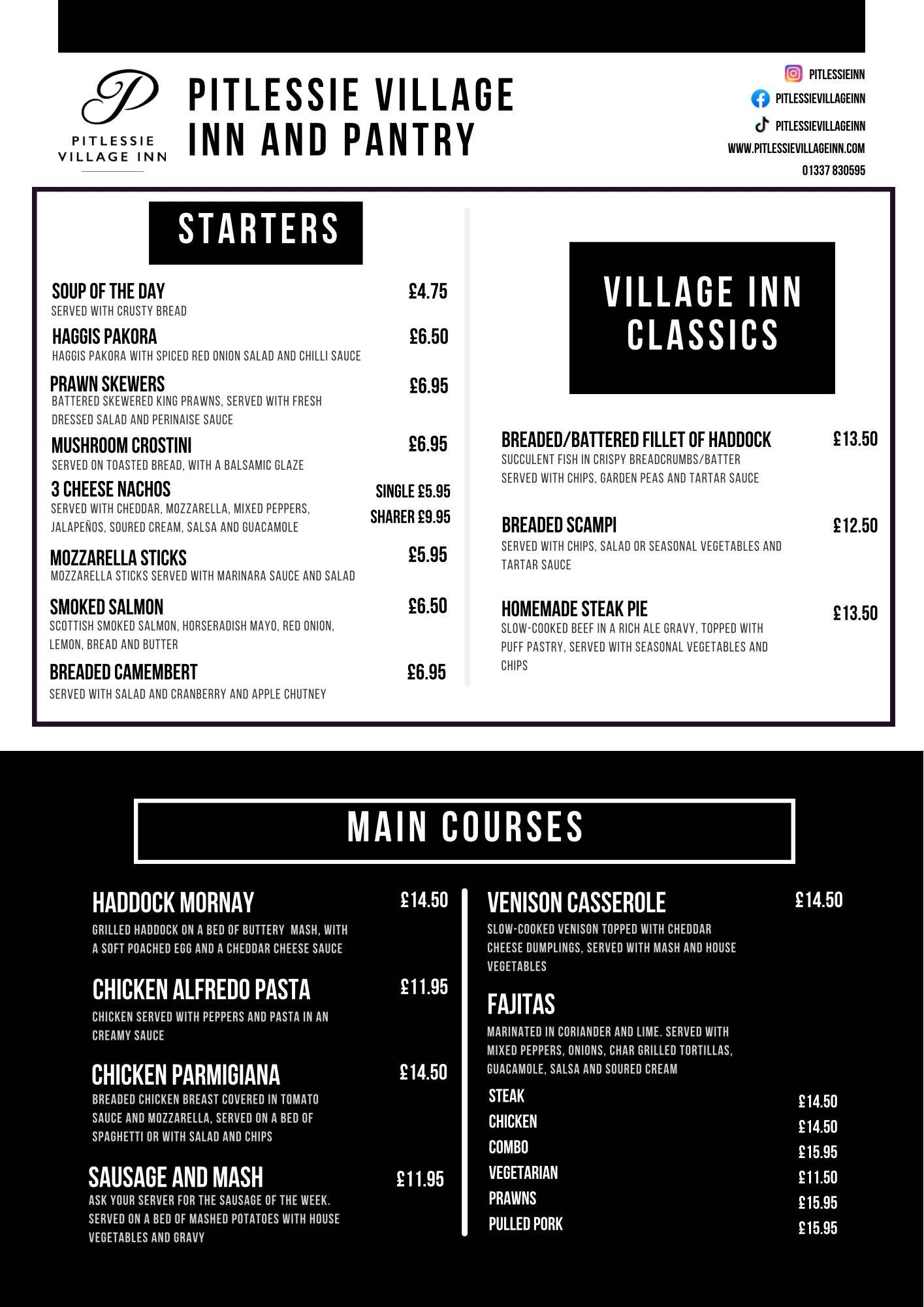 Menu at Pitlessie Village Inn and Pantry steakhouse, Pitlessie