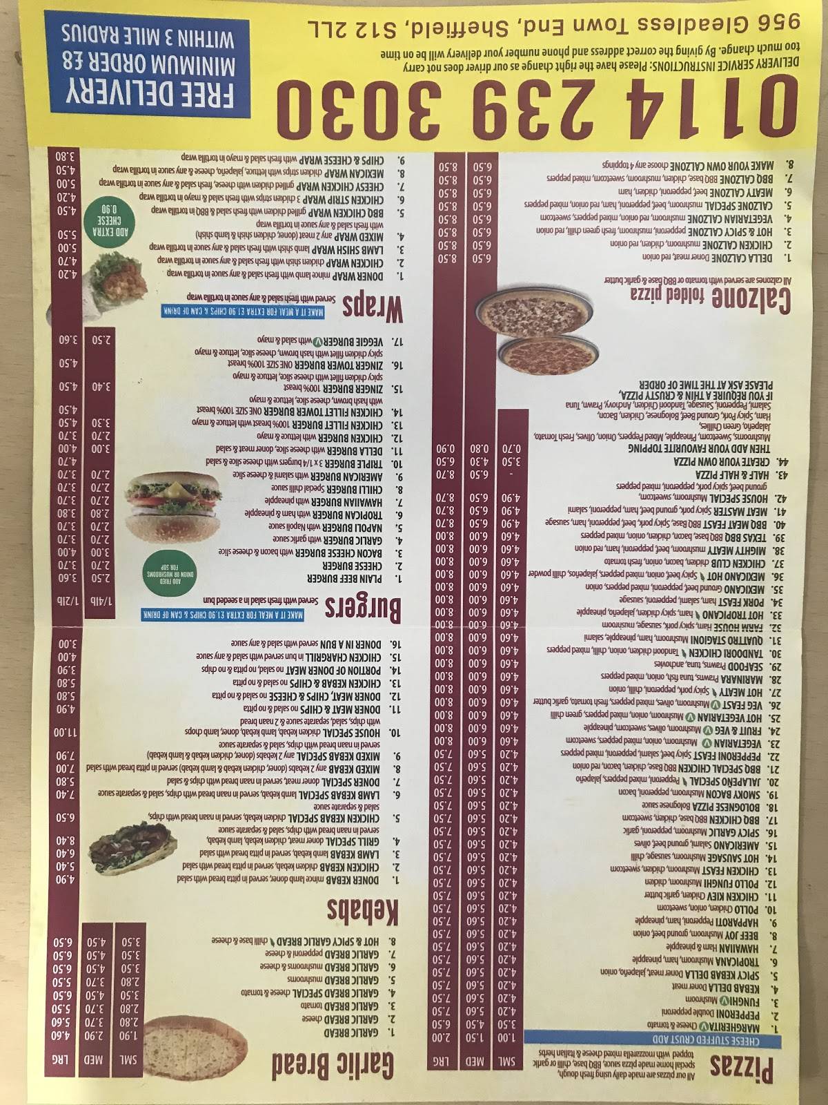 Menu at Pizza Kasra pizzeria, Sheffield