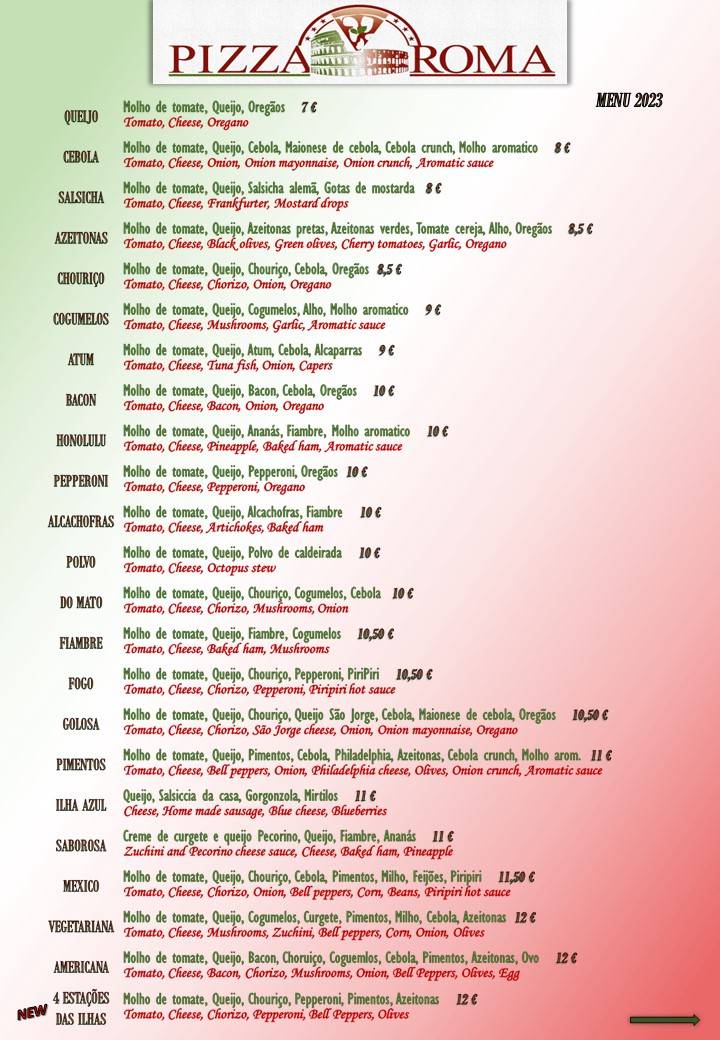 Menu at Pizza Roma Faial restaurant, Cedros