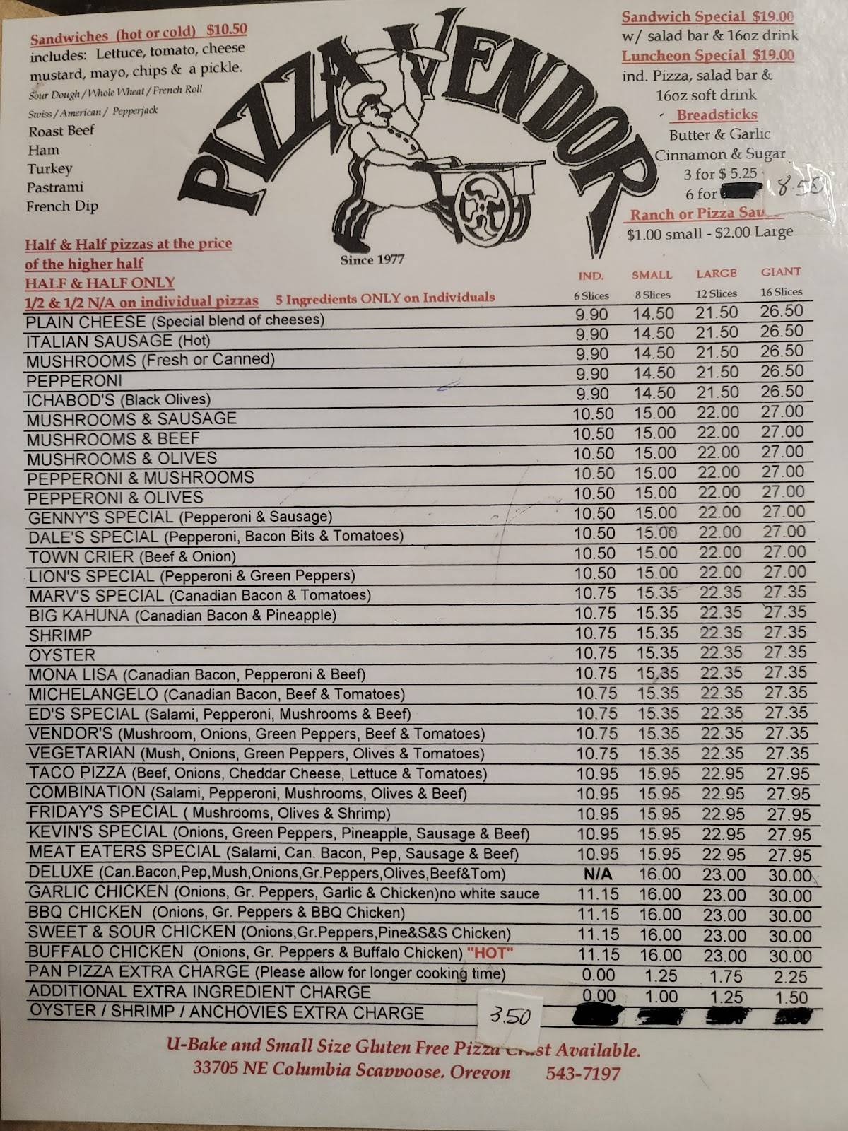 Menu at Pizza Vendor pizzeria, Scappoose, E Columbia Ave