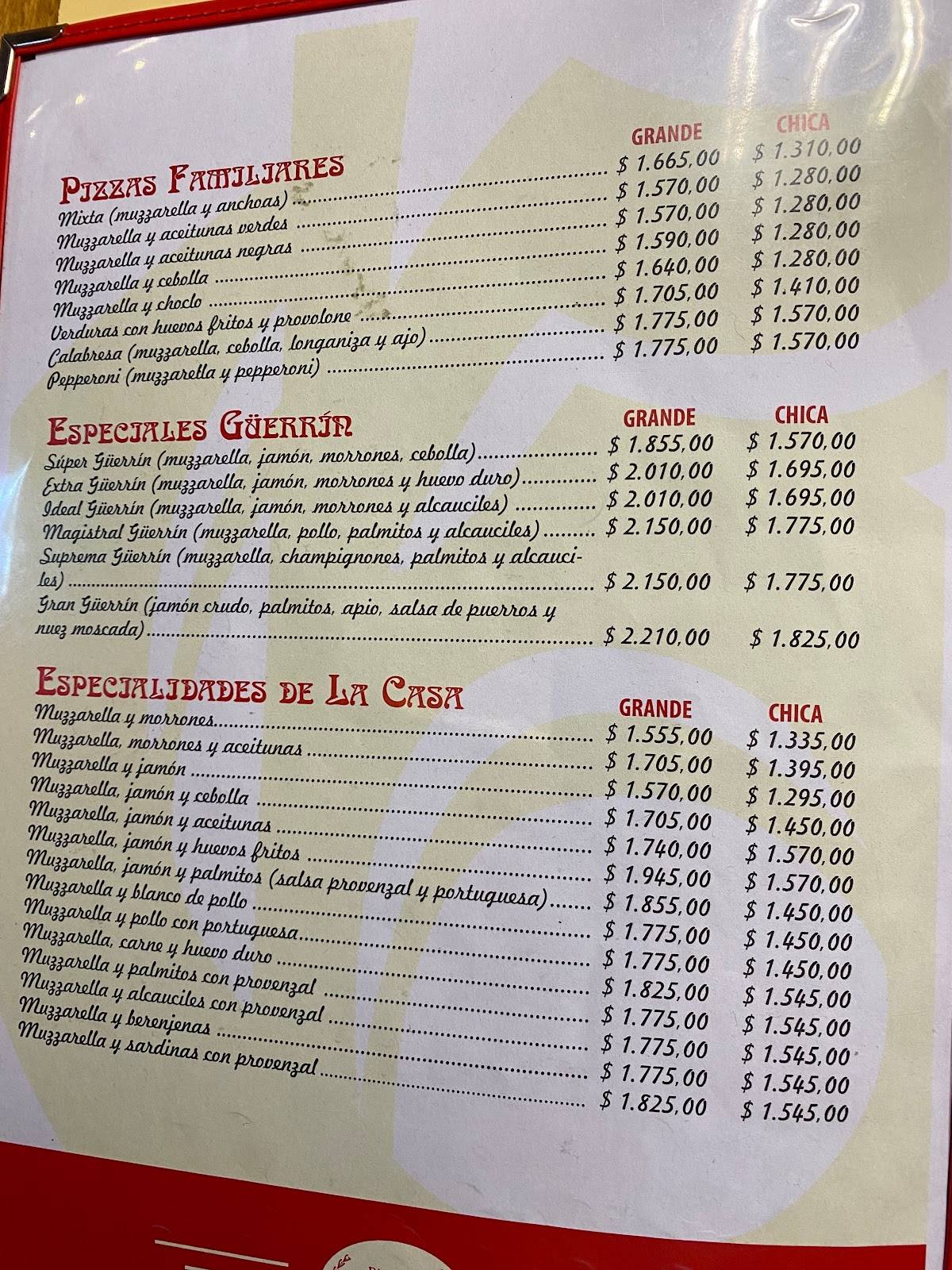 Menu at Pizzería Güerrín, Buenos Aires