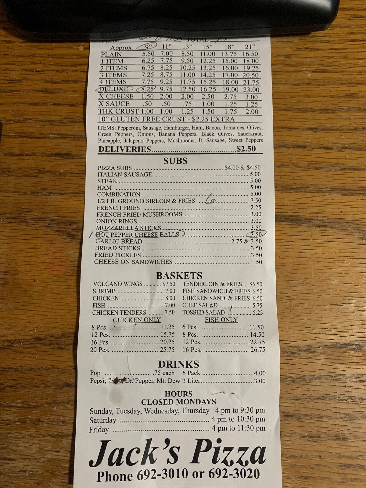 Menu at Jack's Pizza pizzeria, Delphos