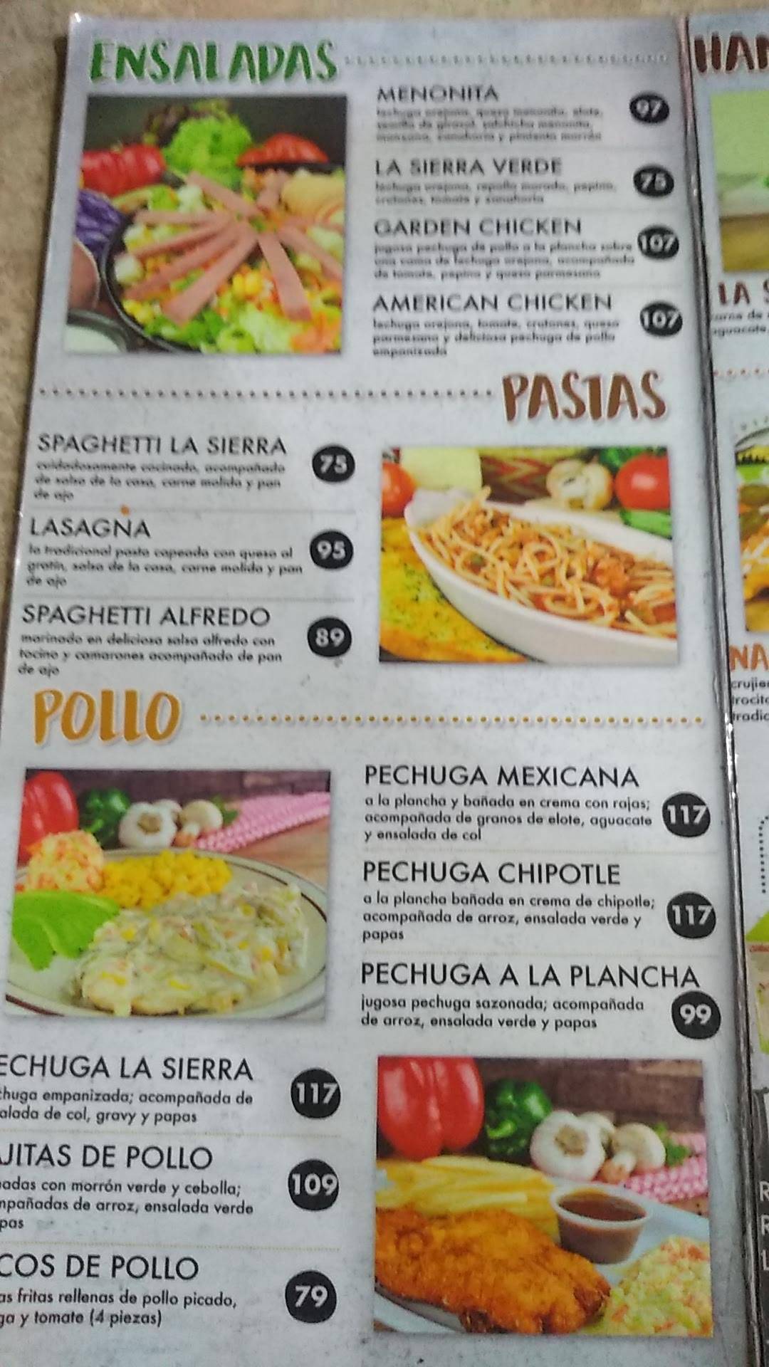Menu at Pizzeria La Sierra, Parral