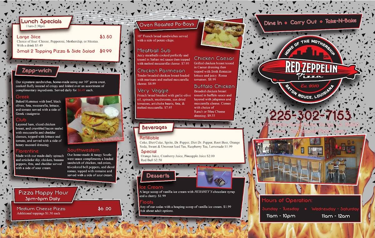 Menu at Red Zeppelin Pizza pizzeria, Baton Rouge