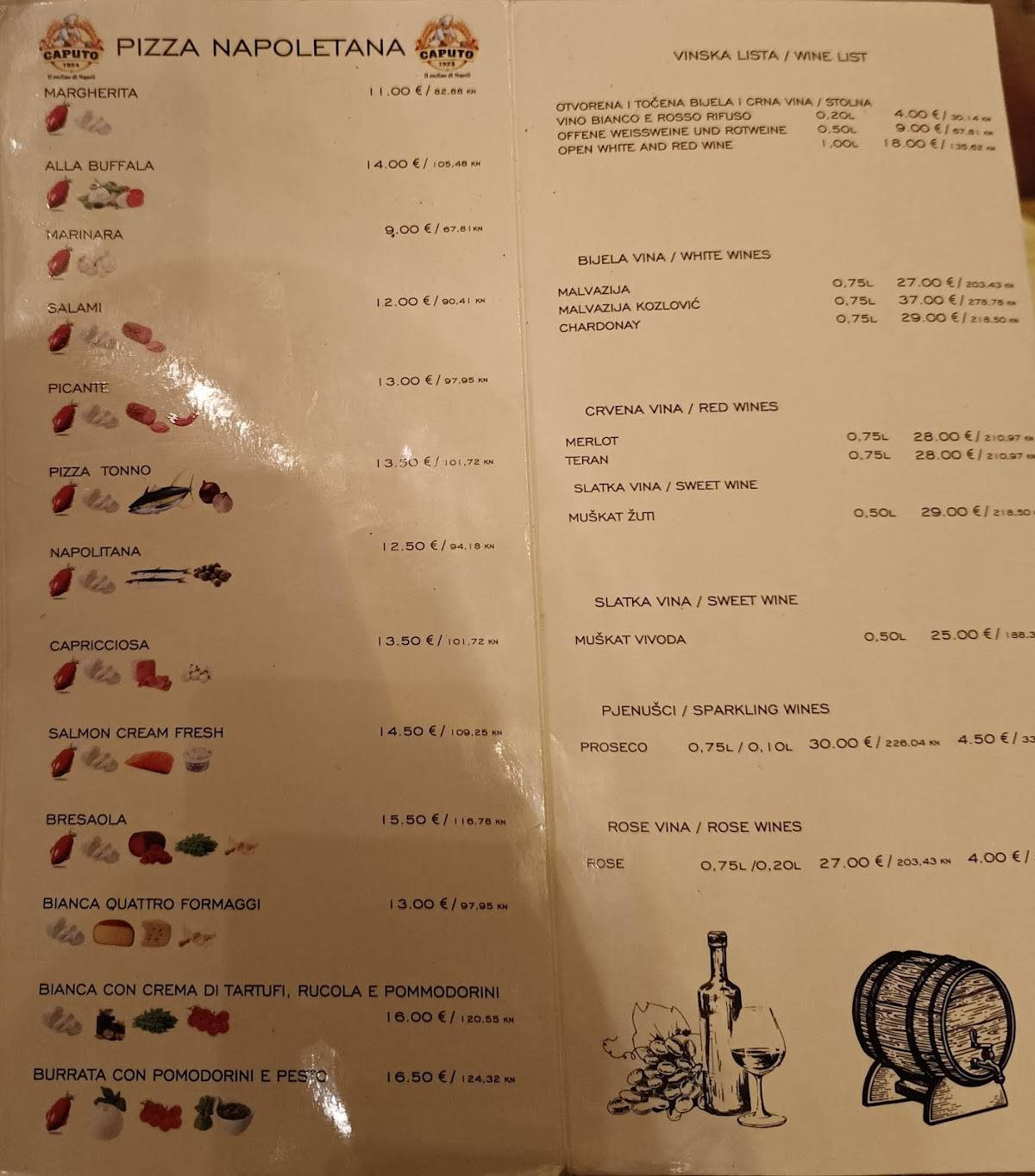 Menu da Pizzeria Stari Grad Rovinj, Rovigno