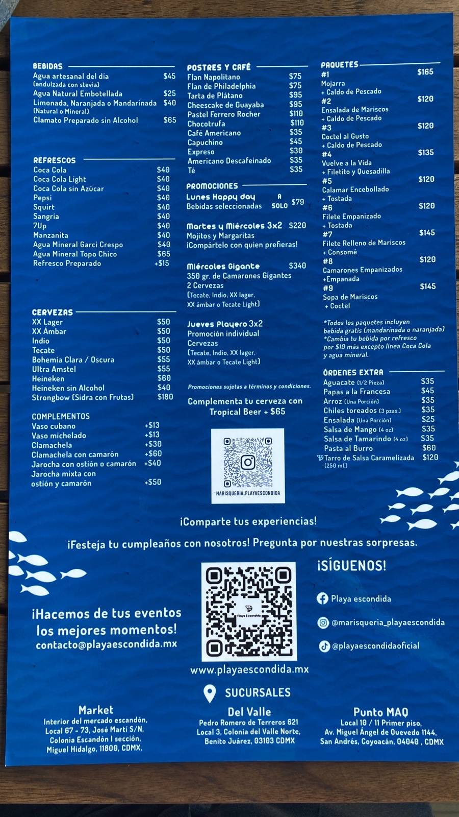 Carta del restaurante Playa Escondida terraza Punto MAQ, Ciudad del México