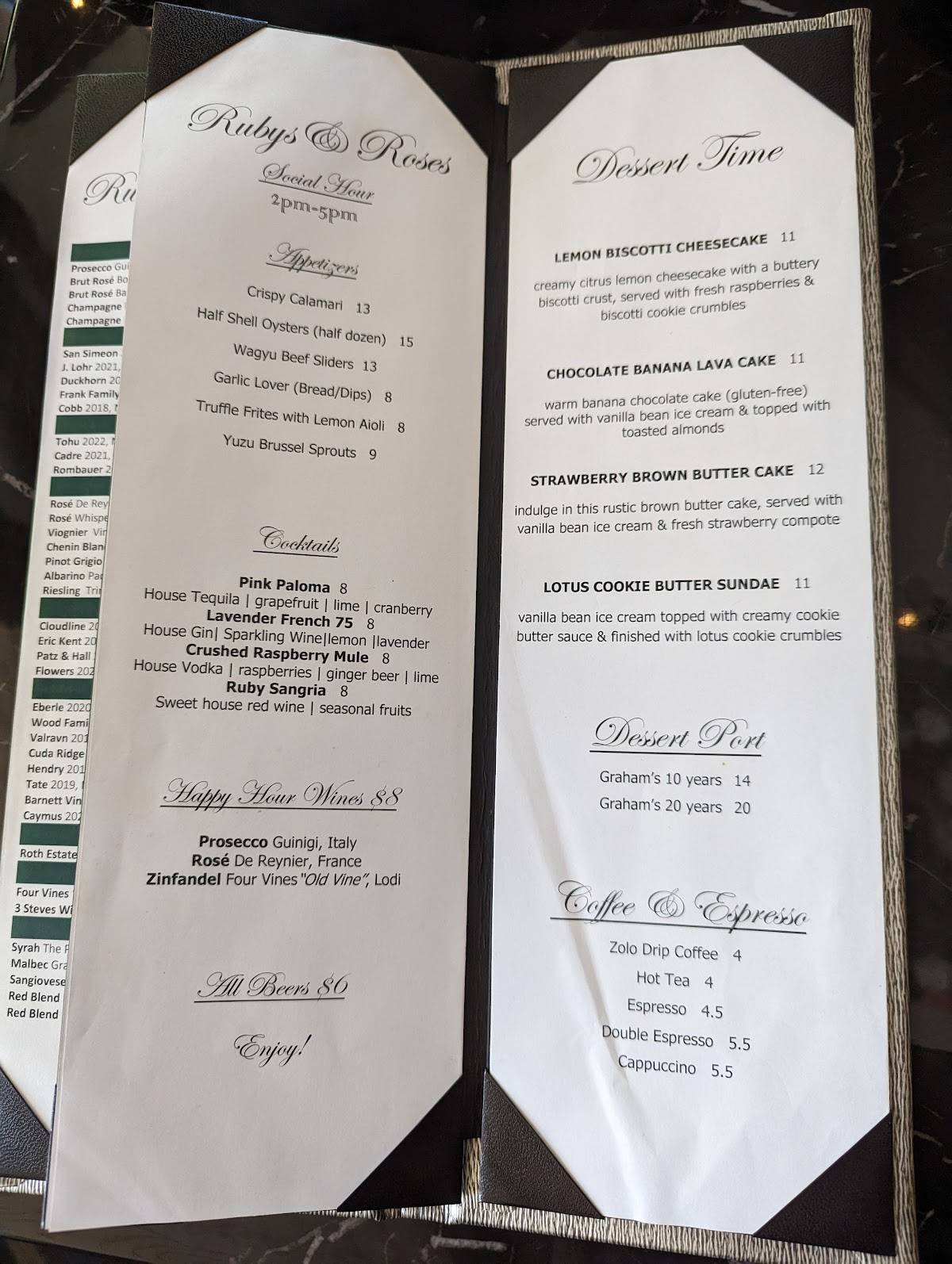 Menu at Rubys & Roses Restaurant, Pleasanton