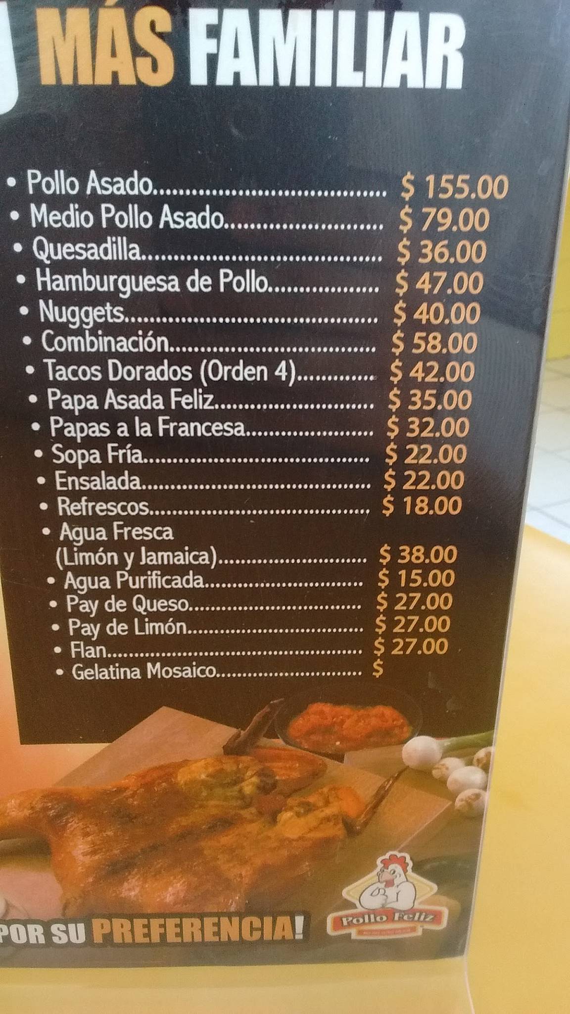 Carta del restaurante Pollo Feliz, Nuevo Laredo
