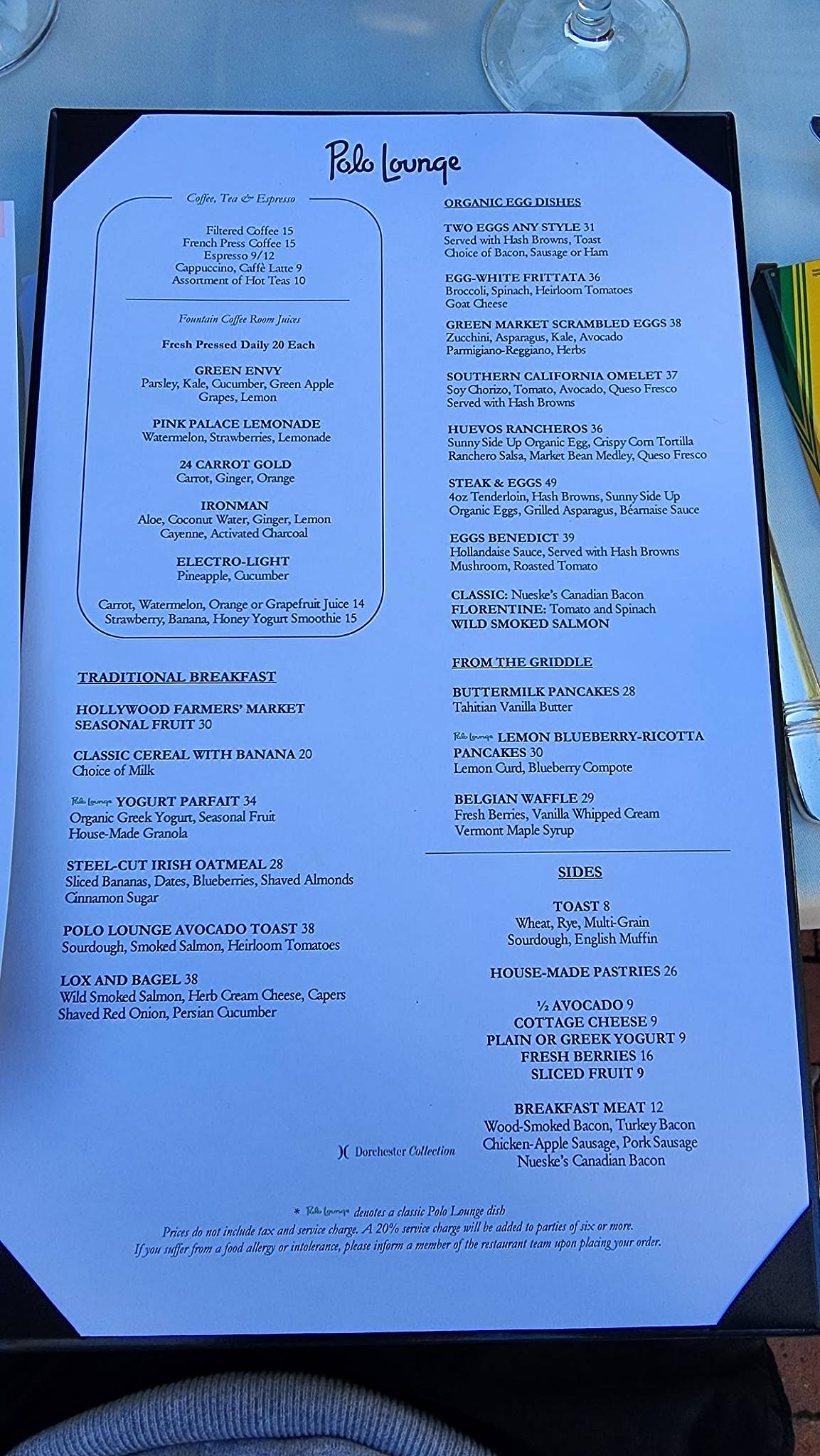 Menu at Polo Lounge restaurant, Beverly Hills