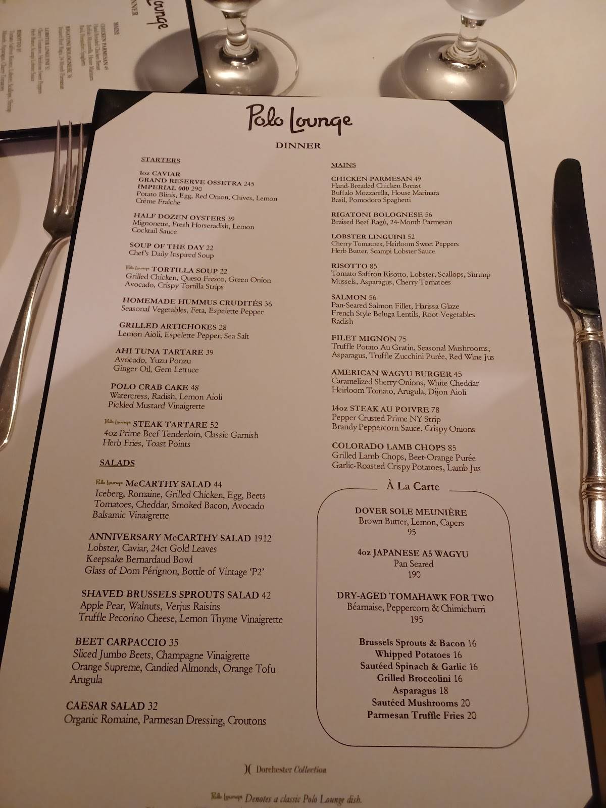 Menu at Polo Lounge restaurant, Beverly Hills