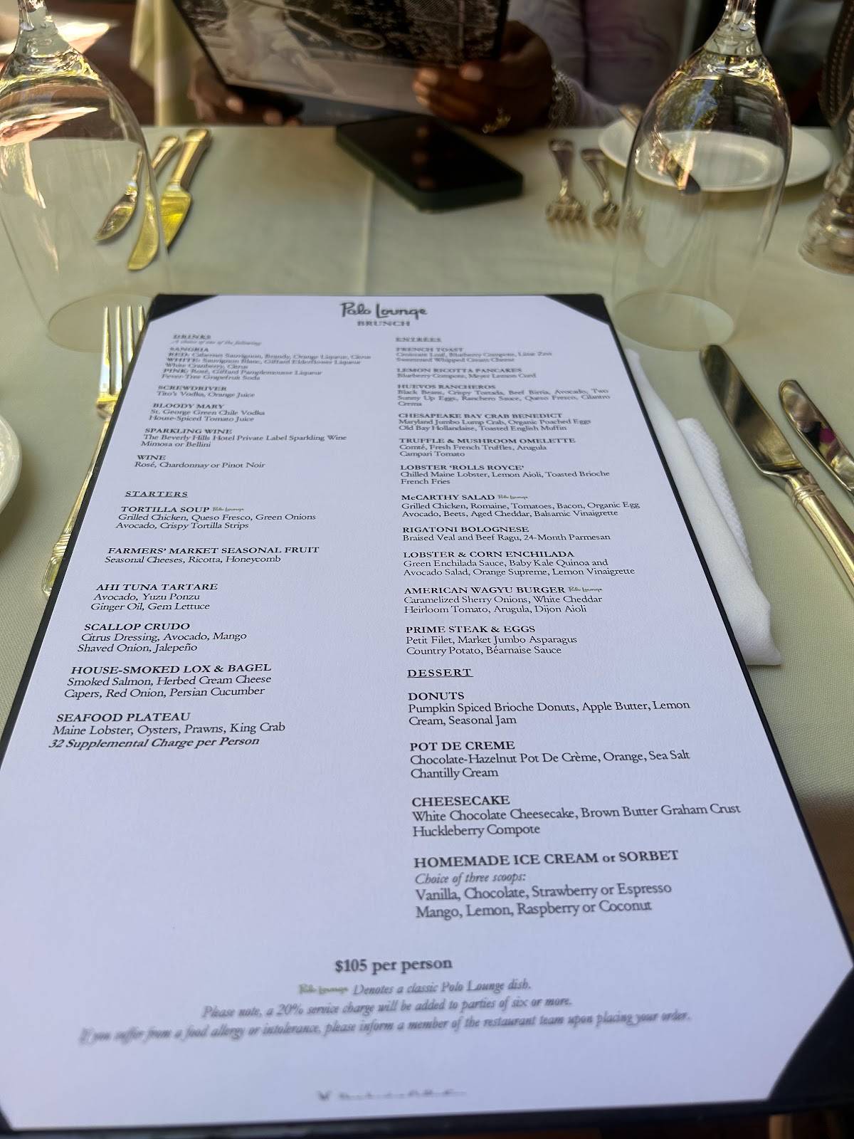 Menu at Polo Lounge restaurant, Beverly Hills