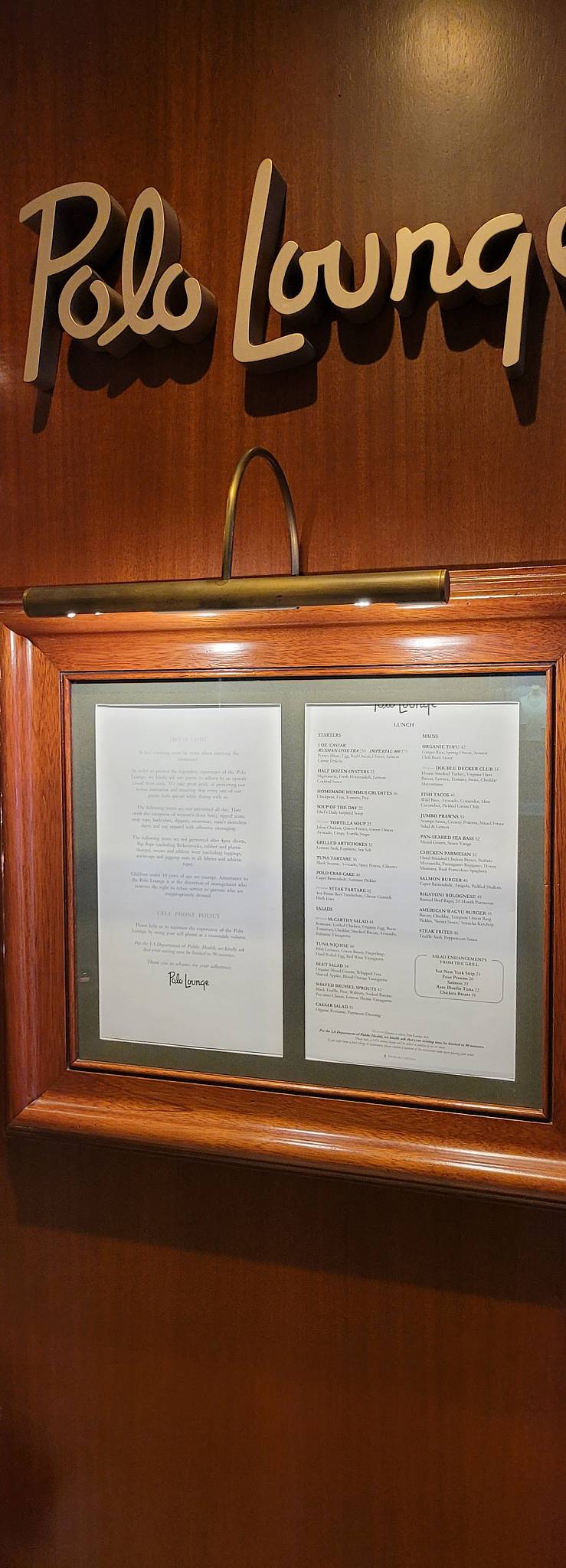 Menu at Polo Lounge restaurant, Beverly Hills