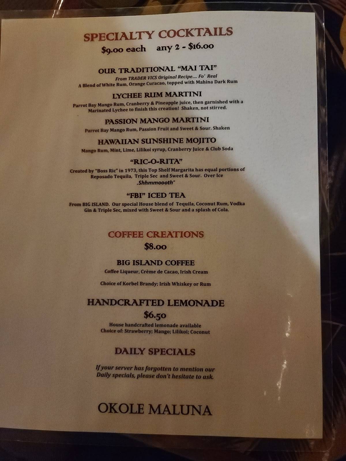 Menu at Ponds Hilo restaurant, Hilo