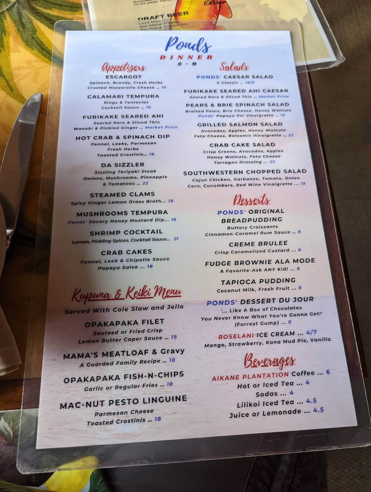 Menu at Ponds Hilo restaurant, Hilo