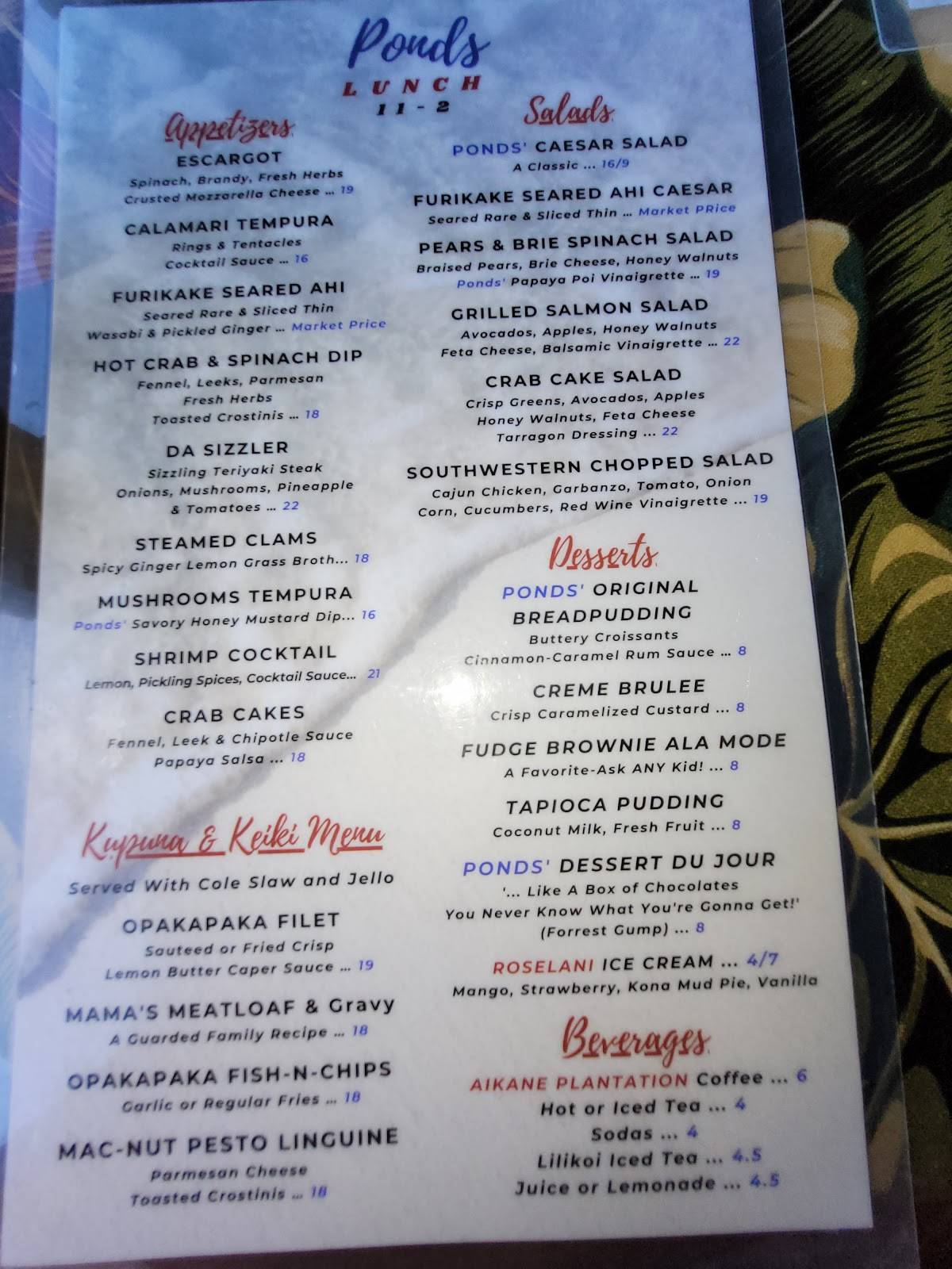 Menu at Ponds Hilo restaurant, Hilo