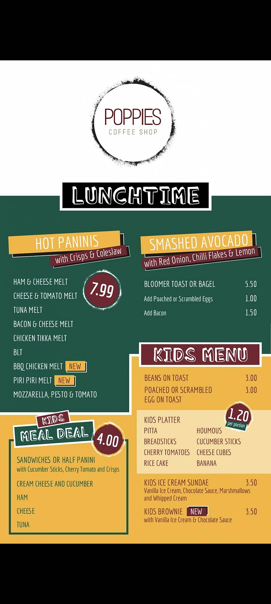 Menu at Poppies Coffee Shop & Children's Play Area restaurant, Manchester