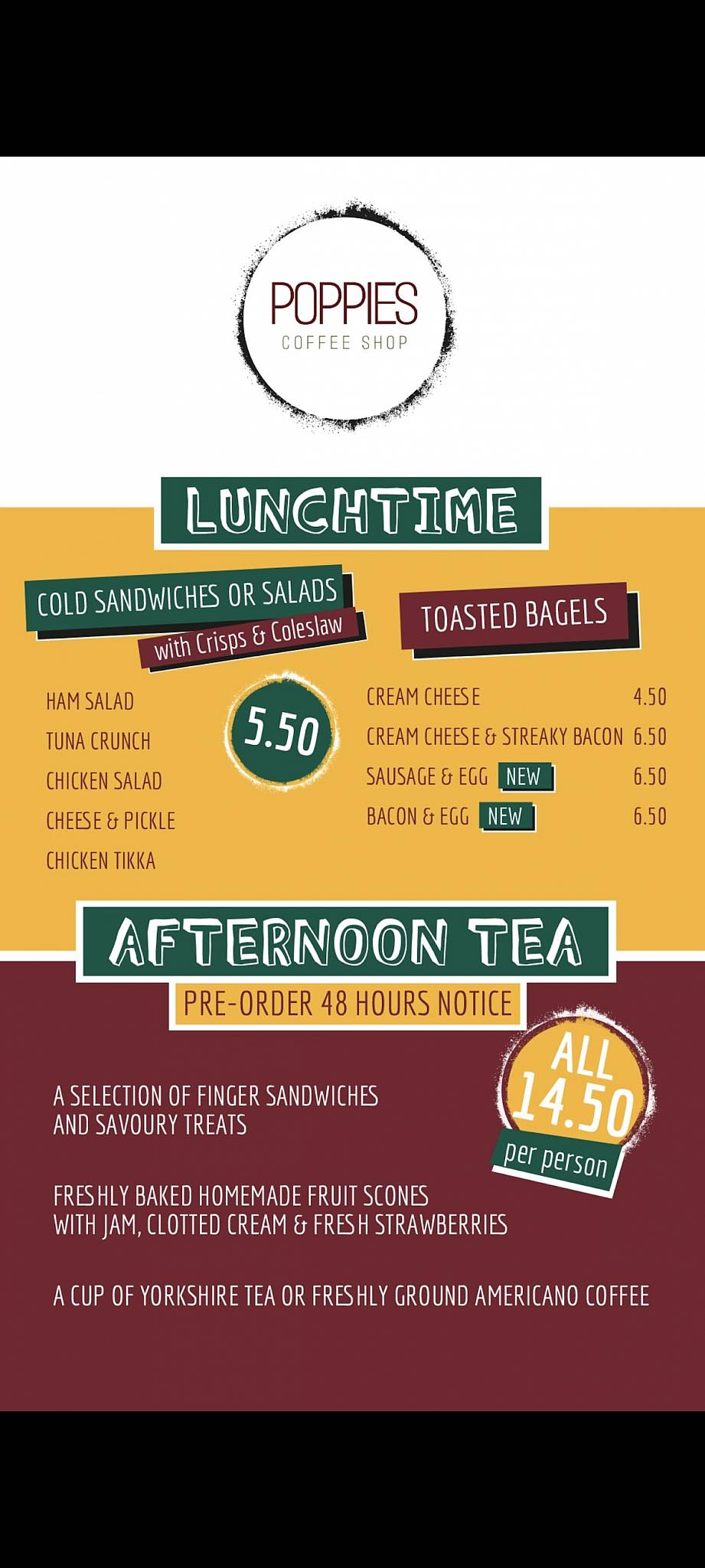 Menu at Poppies Coffee Shop & Children's Play Area restaurant, Manchester