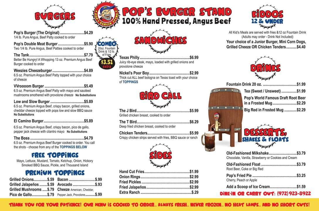 Menu at Pop's Burger Stand restaurant, Waxahachie
