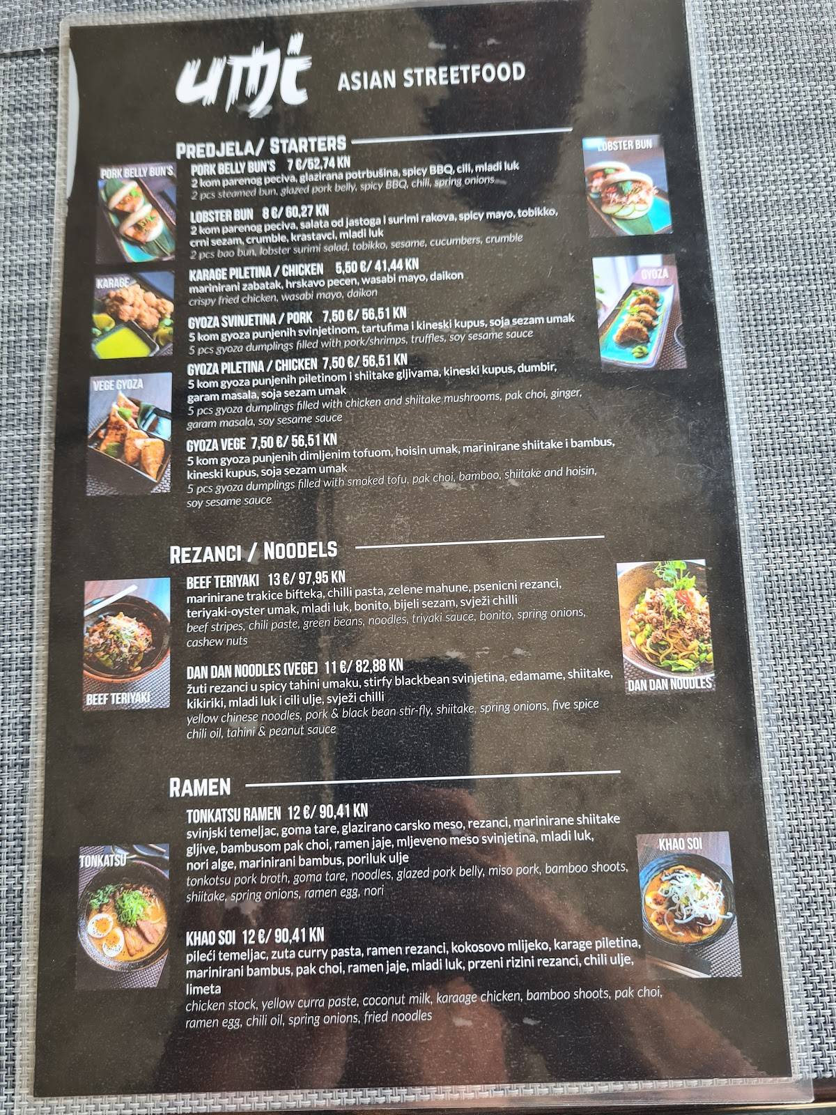 Menu at Umi Asian streetfood restaurant, Poreč