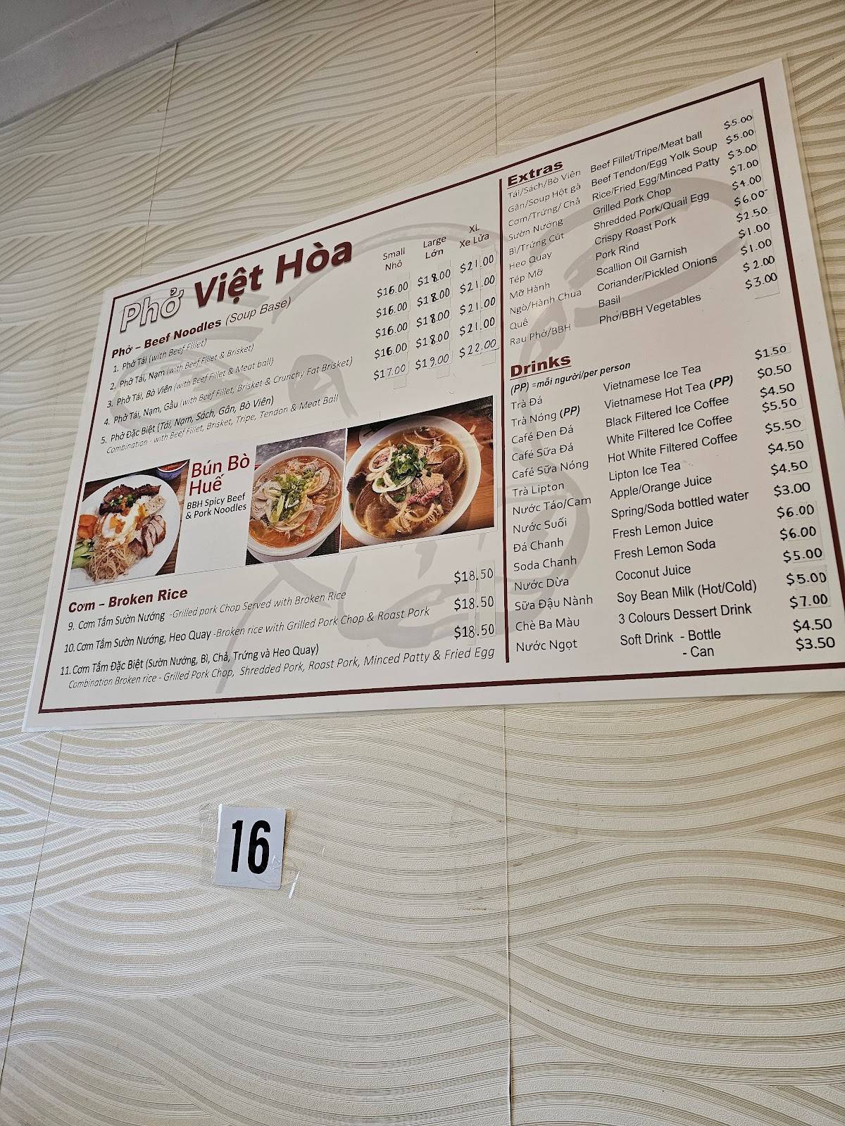 Menu at Viet Hoa restaurant, Woodville Gardens