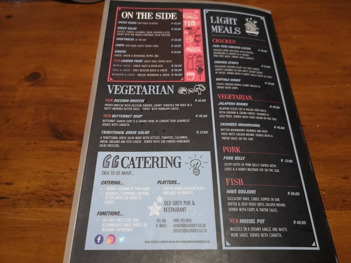 Menu at Old Grey Club, Port Elizabeth
