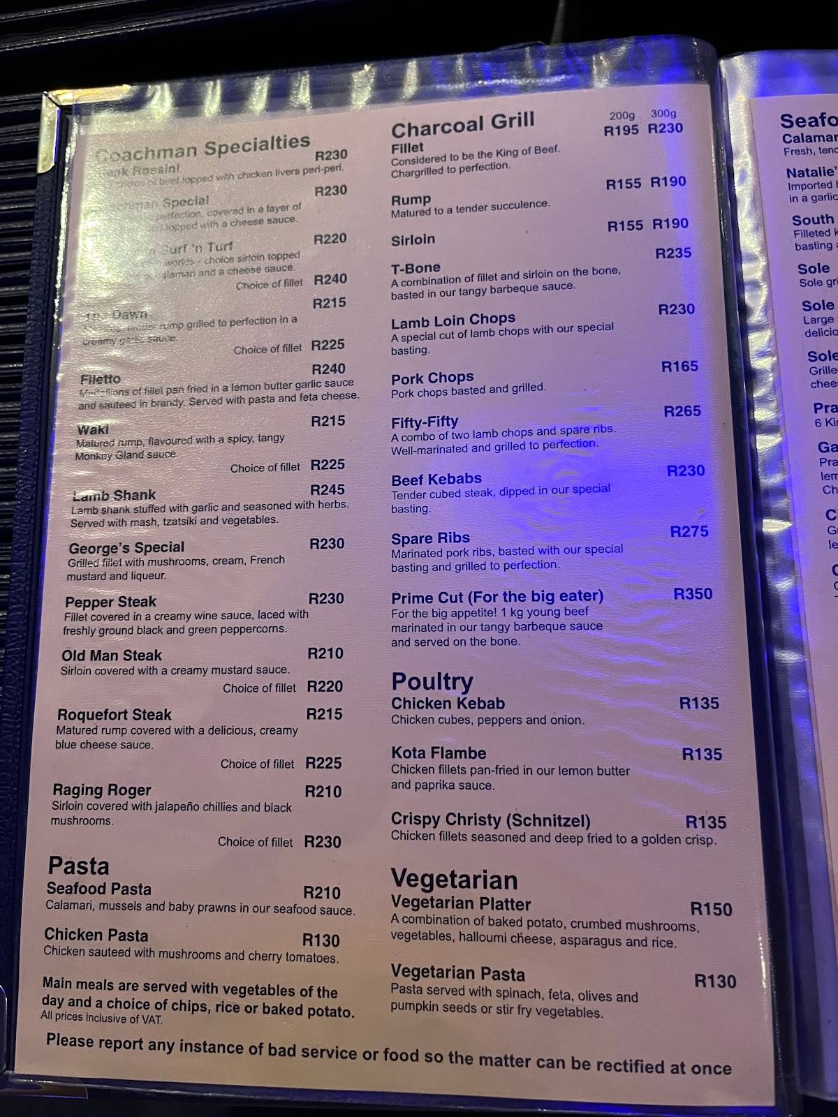 Menu at The Coachman Restaurant, Port Elizabeth, Brookes on the bay