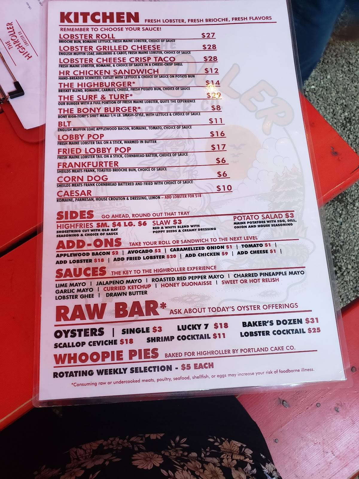 Menu at The Highroller Lobster Co. pub & bar, Portland