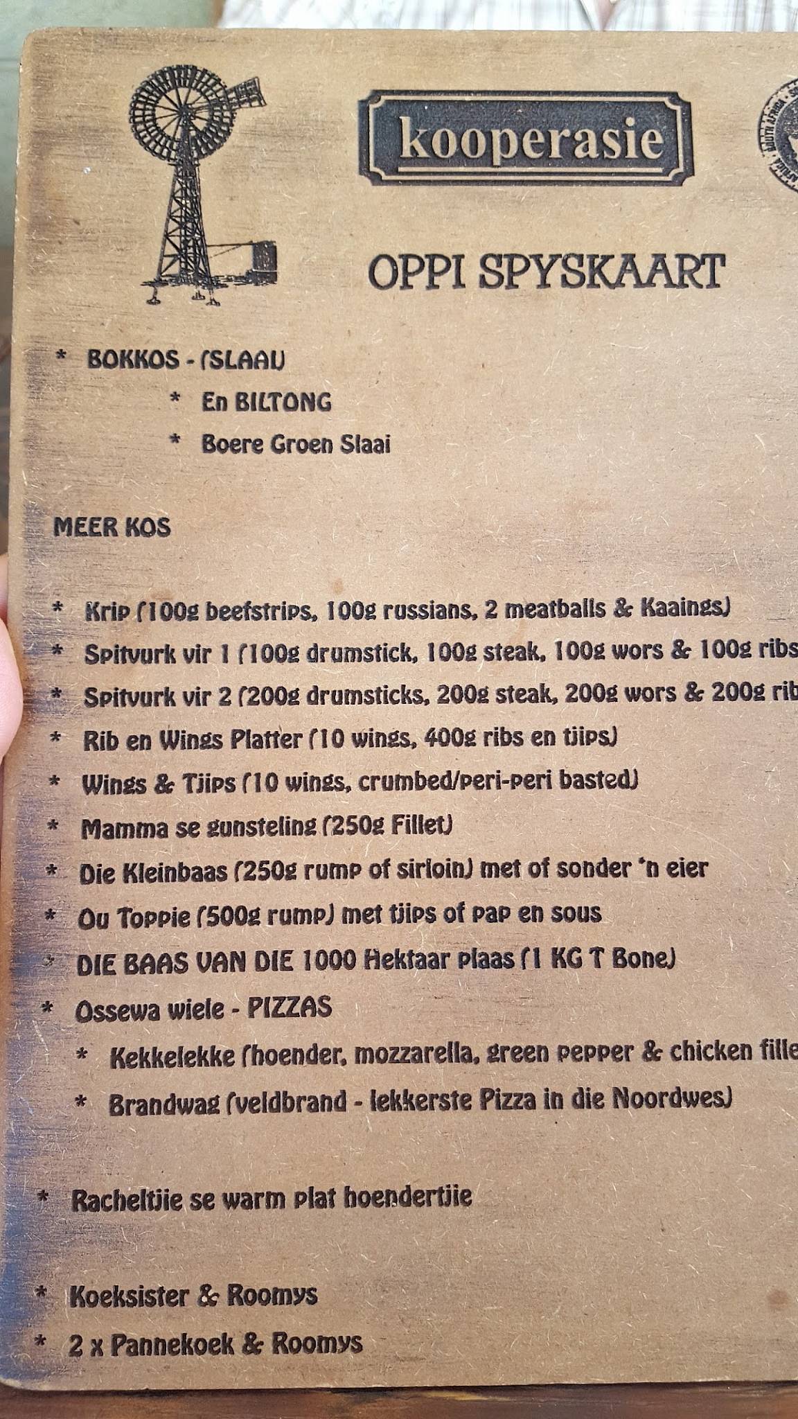 Menu at Kooperasie Kroeg & Kos restaurant, Potchefstroom