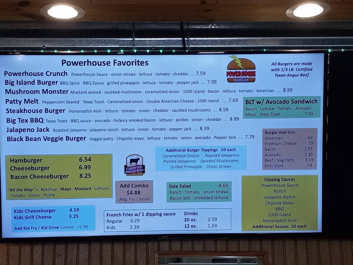 Menu at Powerhouse Burger restaurant, Pilot Point