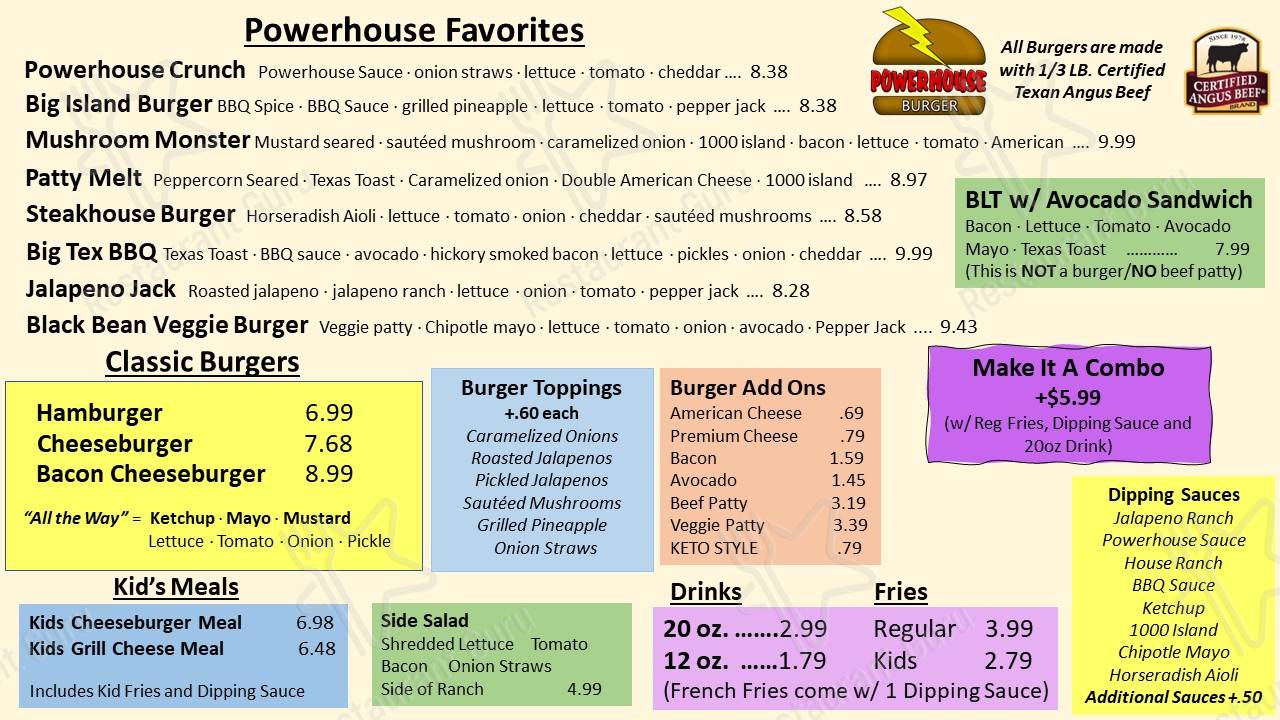 Menu at Powerhouse Burger restaurant, Pilot Point