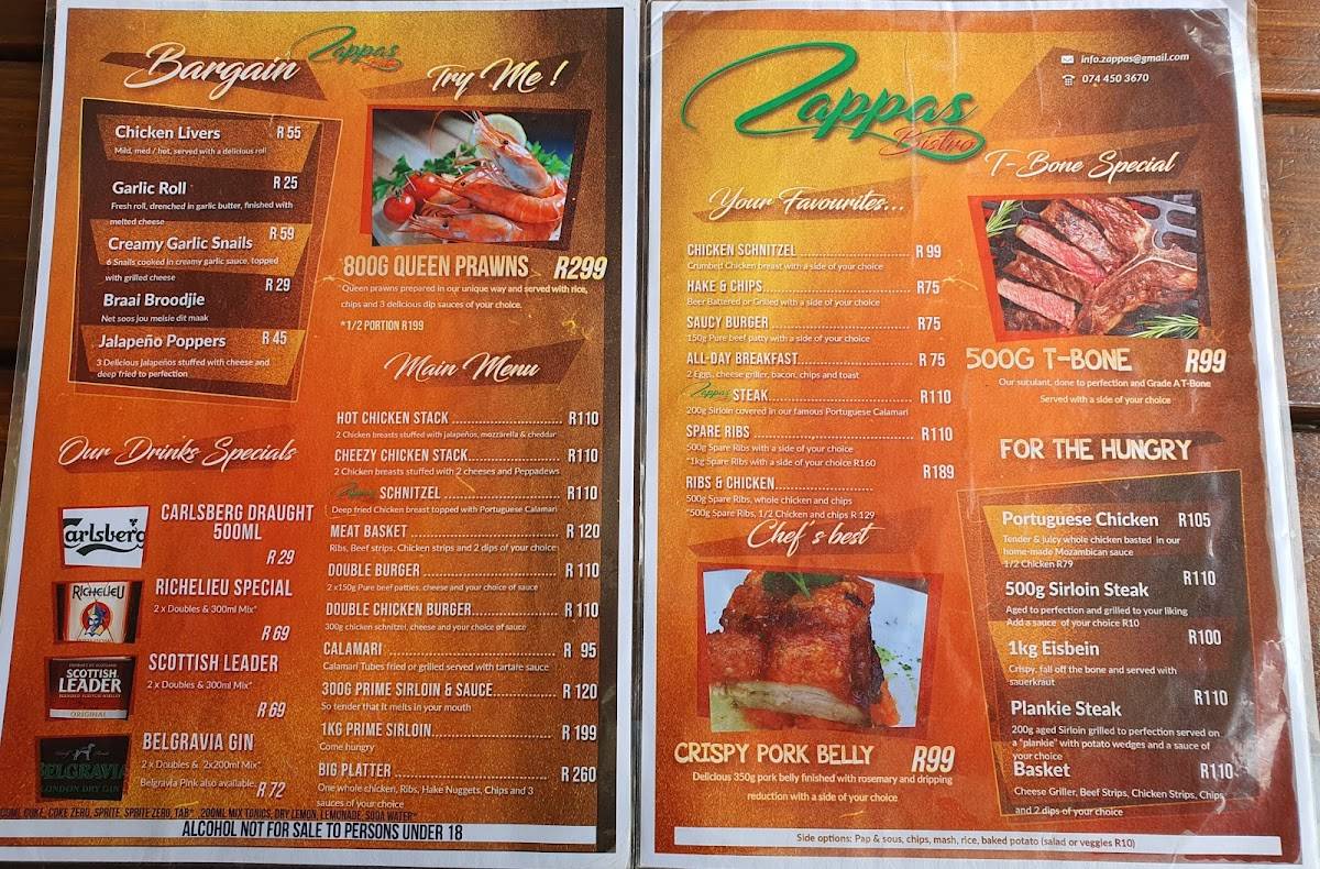 Menu at Zappas Restaurant, Pretoria