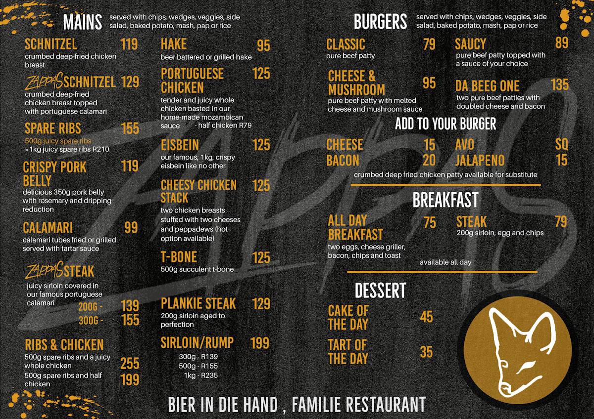 Menu at Zappas Restaurant, Pretoria