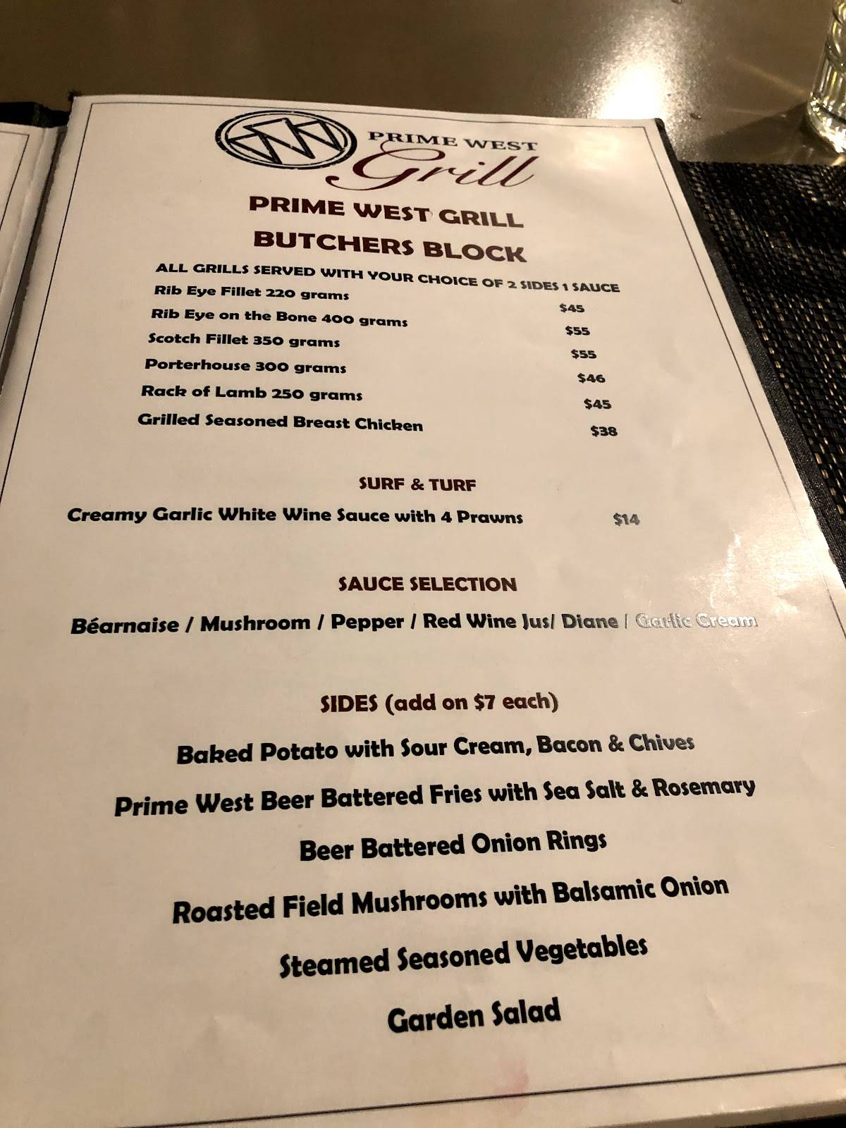 Menu at Prime West Grill restaurant, Kalgoorlie