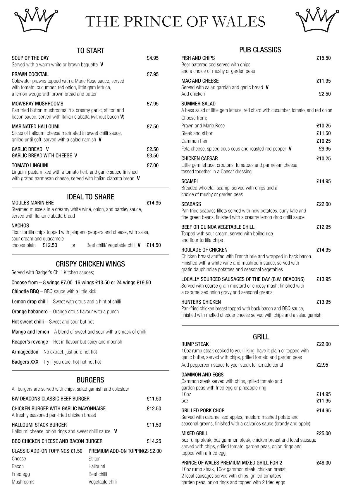 Menu at Prince Of Wales Ampthill restaurant, Ampthill