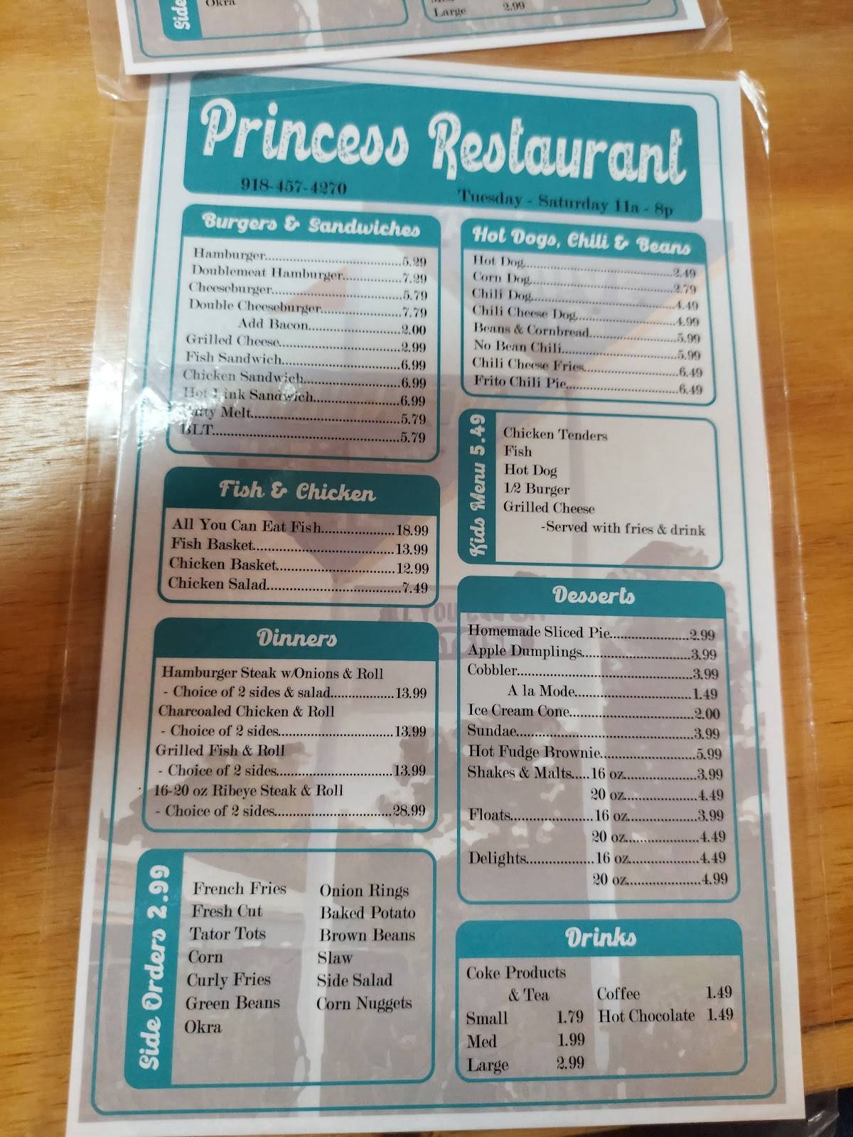 Menu at Princess Restaurant, Park Hill, State Hwy 82