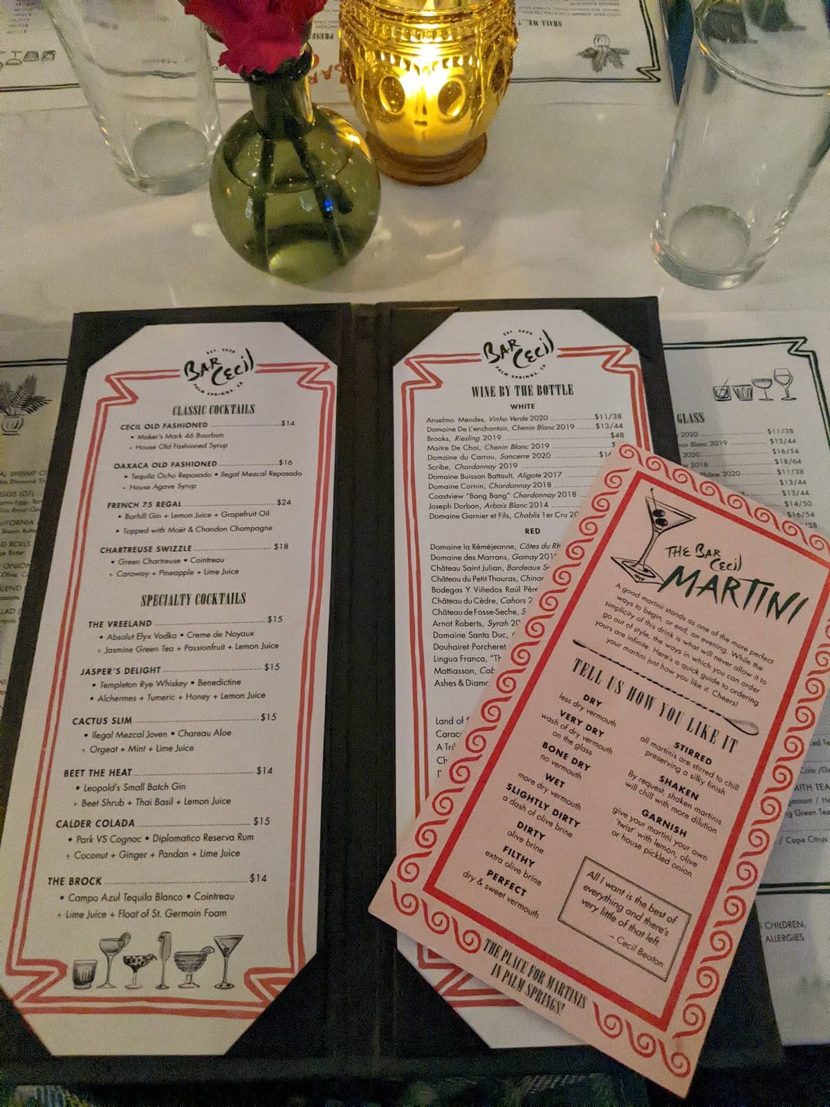 Menu at Bar Cecil, Palm Springs