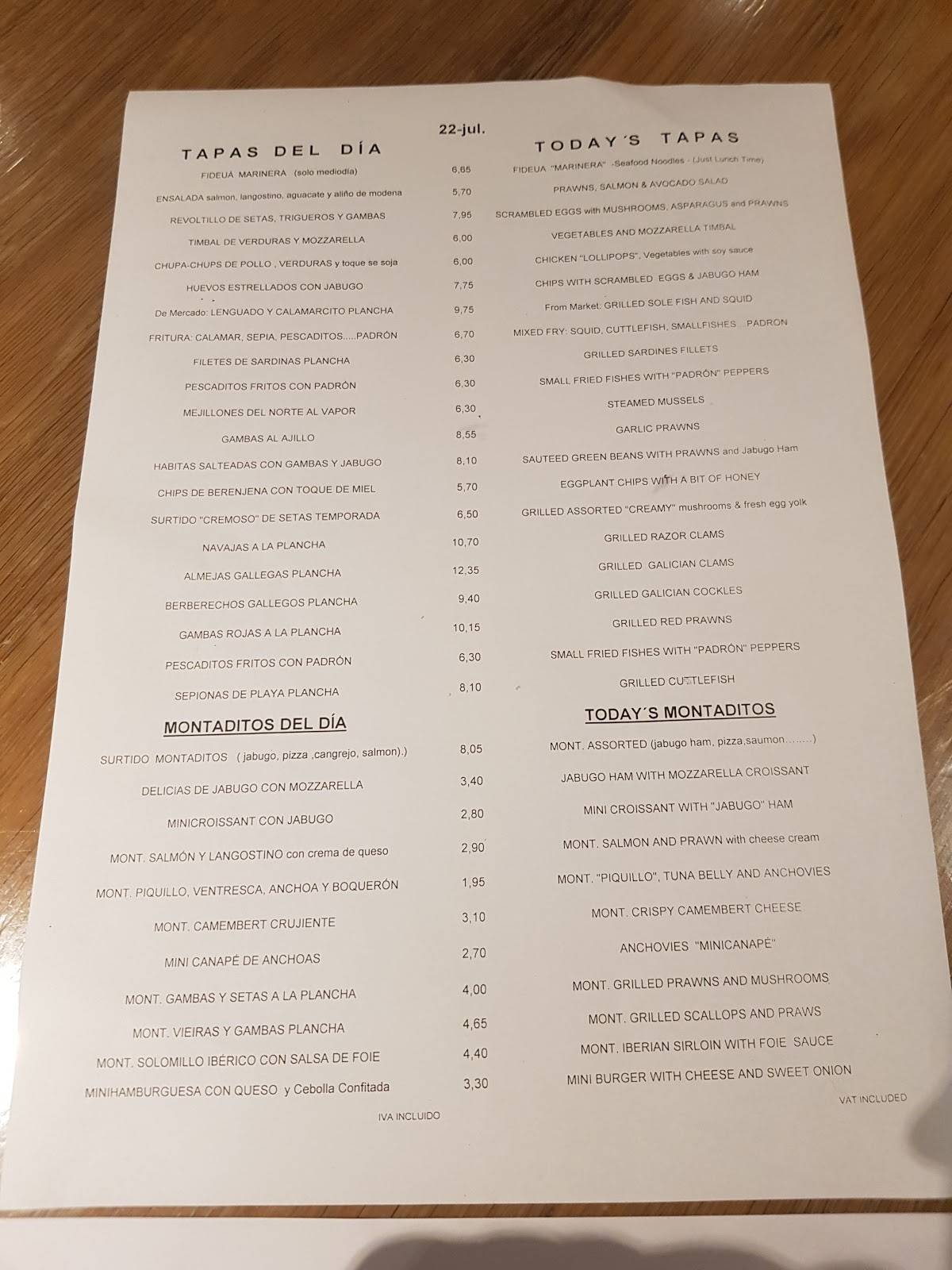 Menu at Ciutat Comtal pub & bar, Barcelona, Rambla de Catalunya