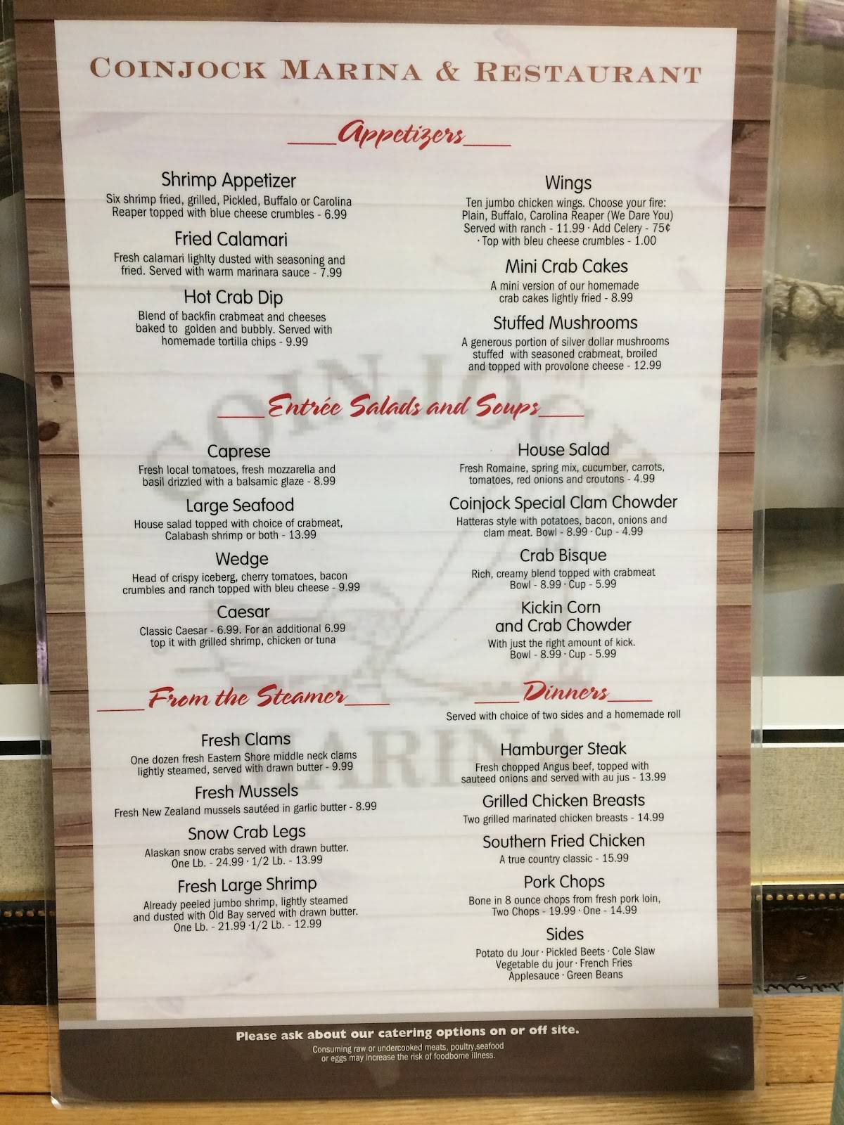 Menu at Coinjock Marina Restaurant, Coinjock