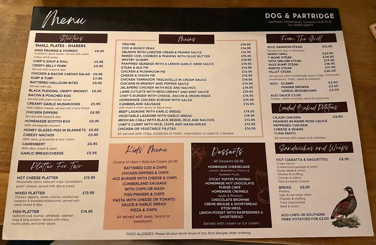 Menu at Dog & Partridge Inn pub & bar, Whitehaven, Sanwith