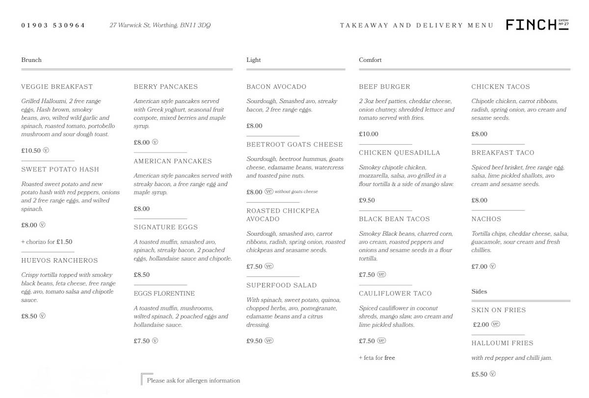 Menu at Finch Bar & Eatery, Worthing