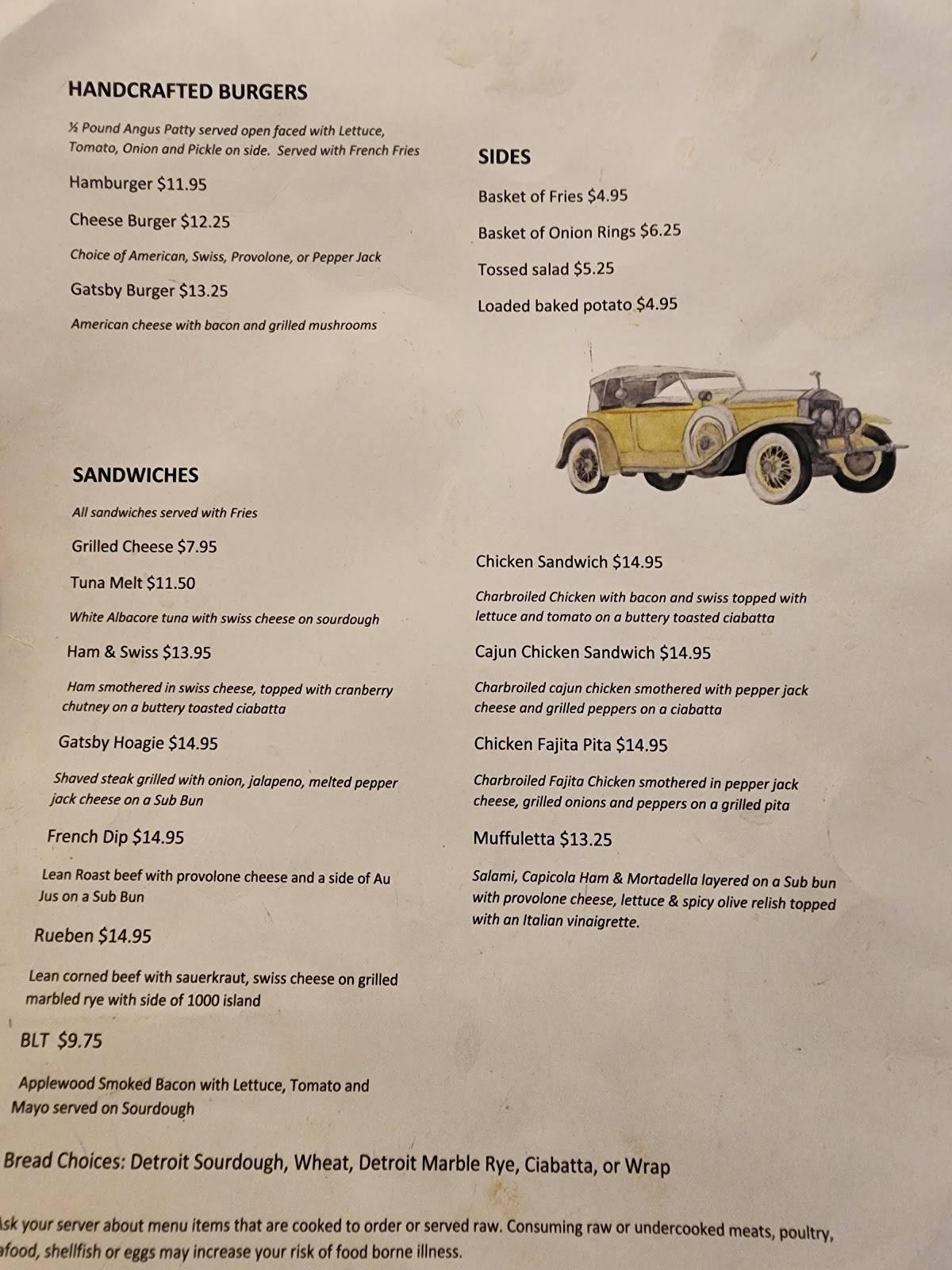 Menu at Gatsby's pub & bar, Novi