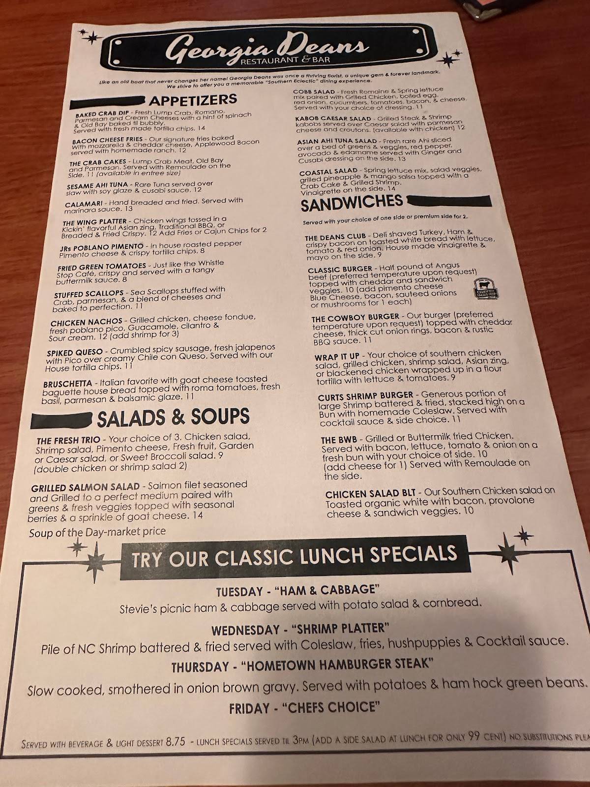 Menu at Georgia Deans restaurant & bar, Williamston