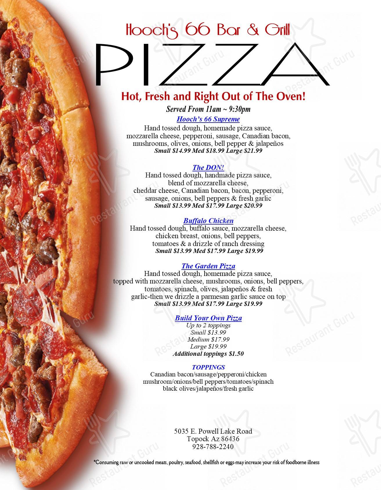 Menu at Hooch's 66 Bar & Grill, Topock
