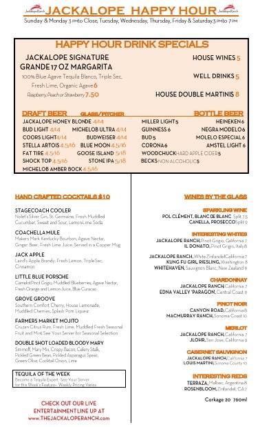 Menu at Jackalope Ranch pub & bar, Indio, CA-111