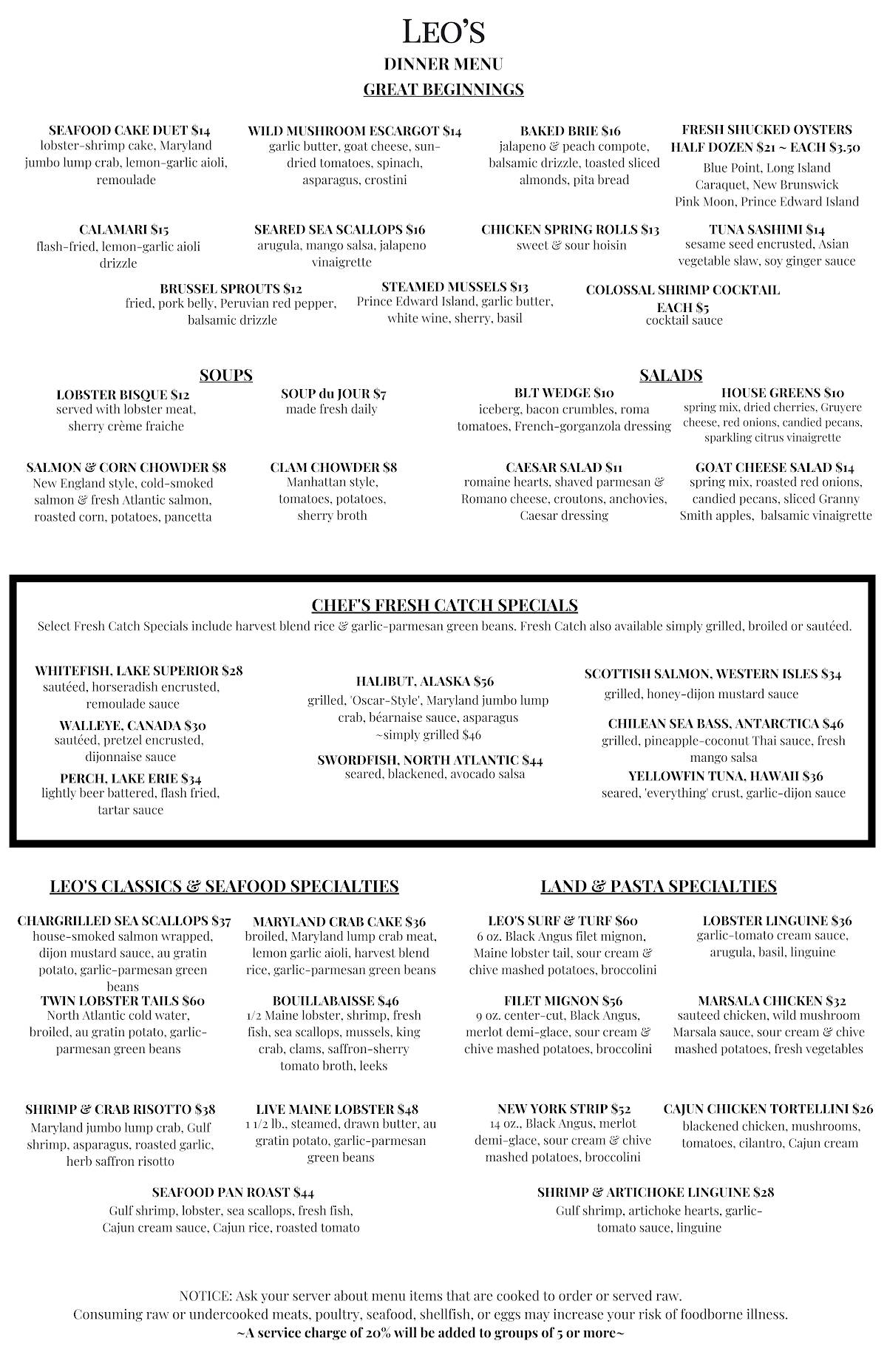 Menu at Leo's Seafood Restaurant & Bar, Grand Rapids