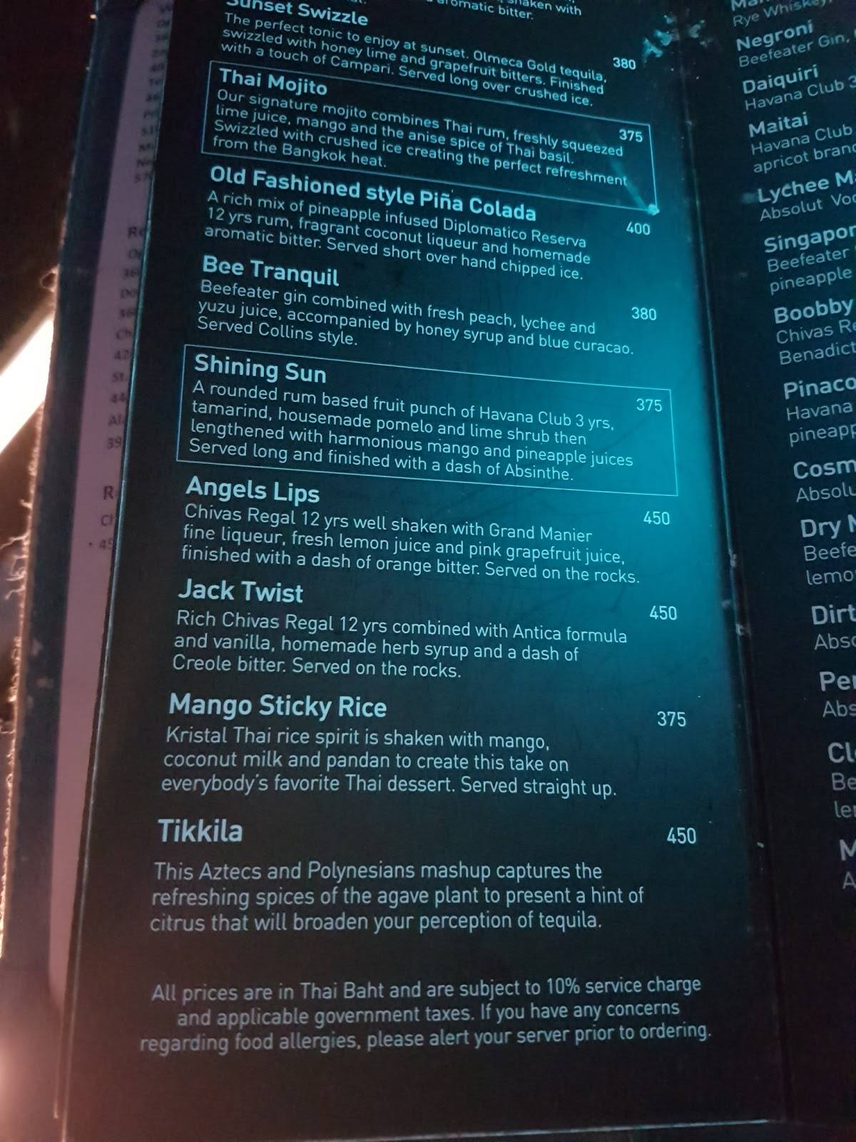 Menu at Octave Rooftop Lounge & Bar, Bangkok