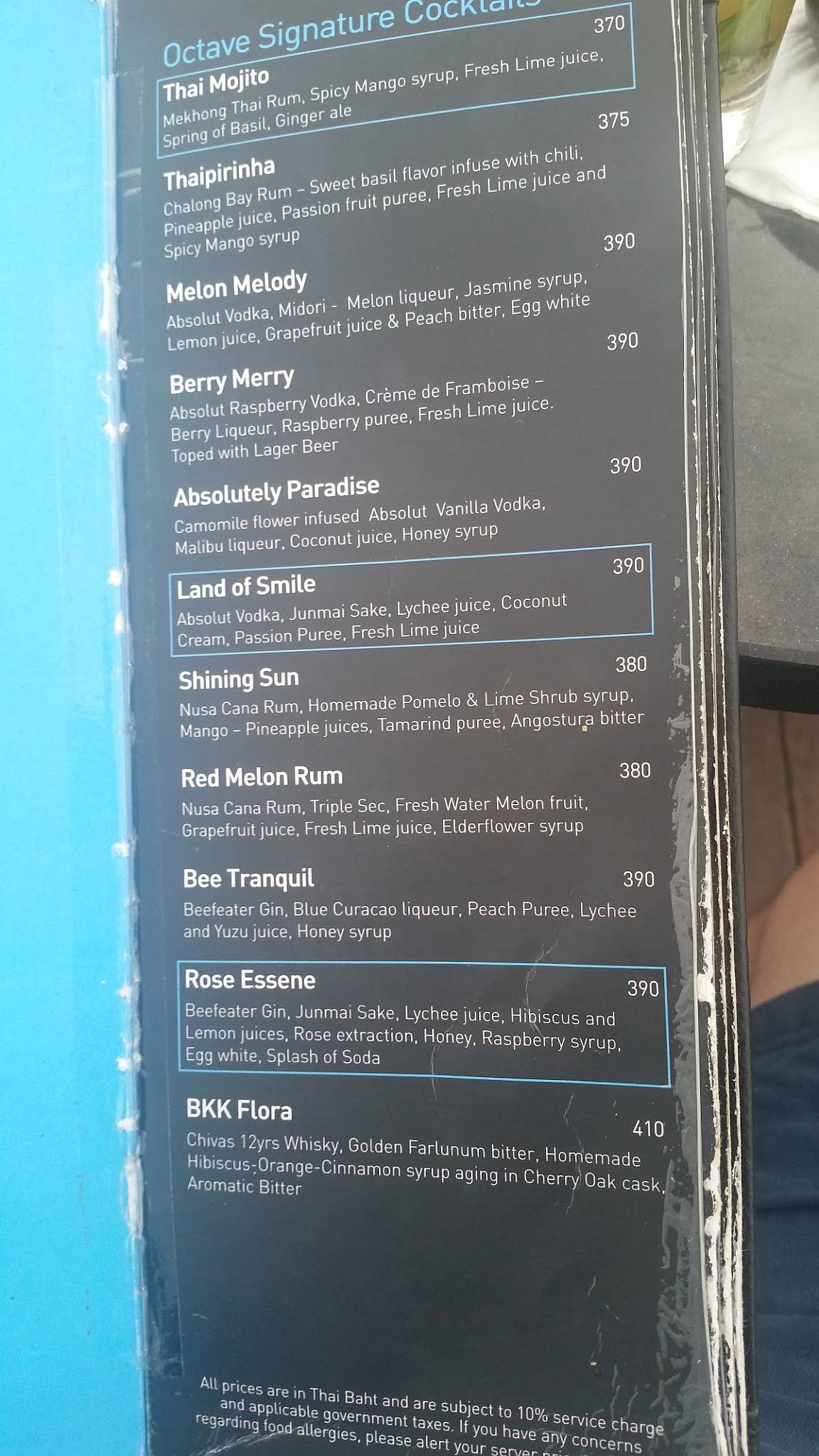 Menu at Octave Rooftop Lounge & Bar, Bangkok