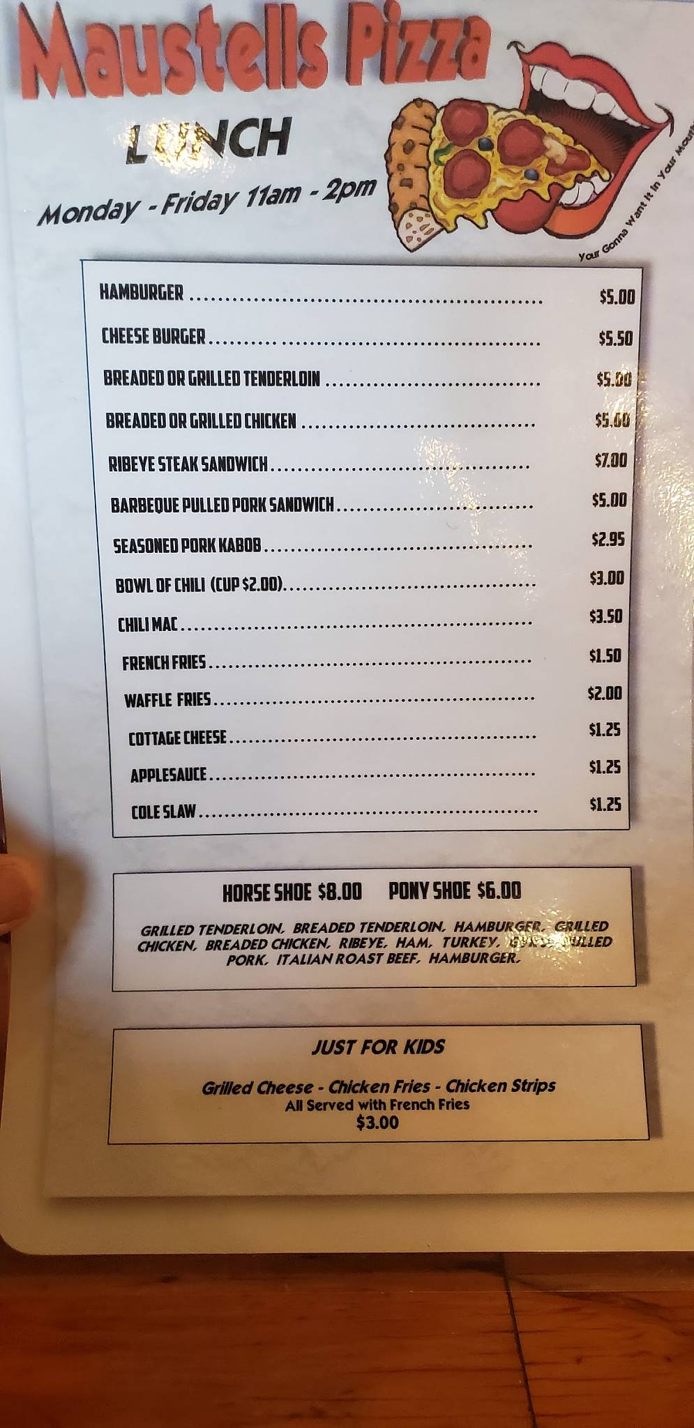 Menu at Palomino Club, Taylorville