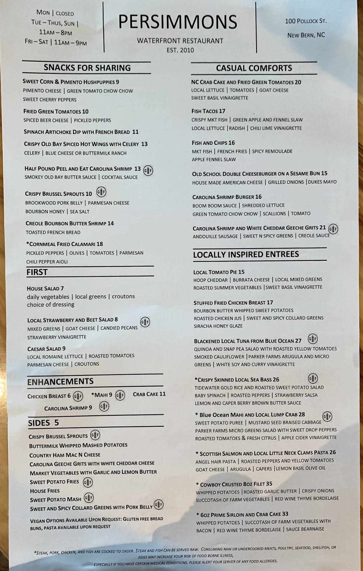Menu at Persimmons Waterfront Restaurant, New Bern